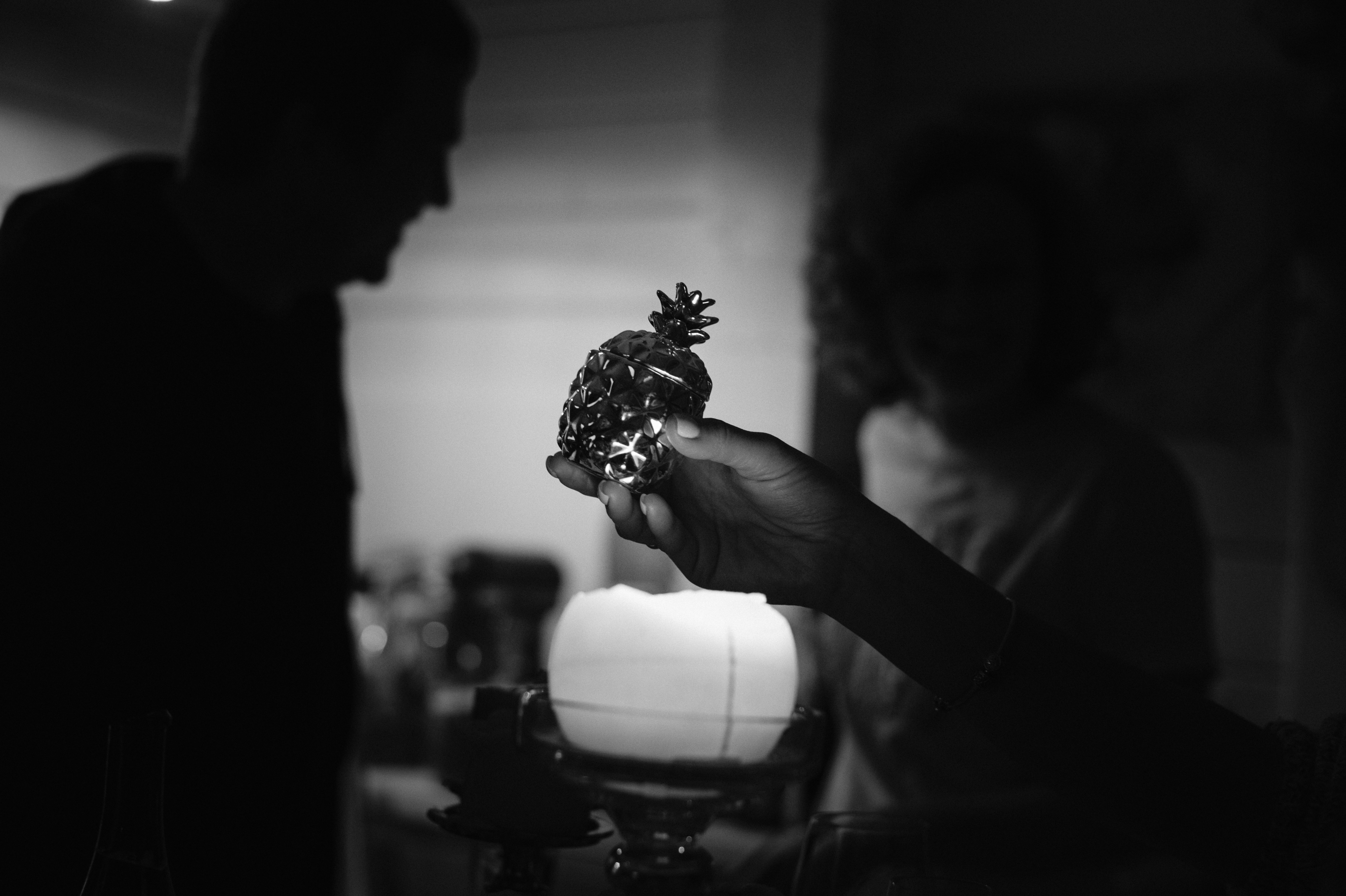 Pine Cone in Focus: Hand-Illuminated Moment Amid Silhouettes