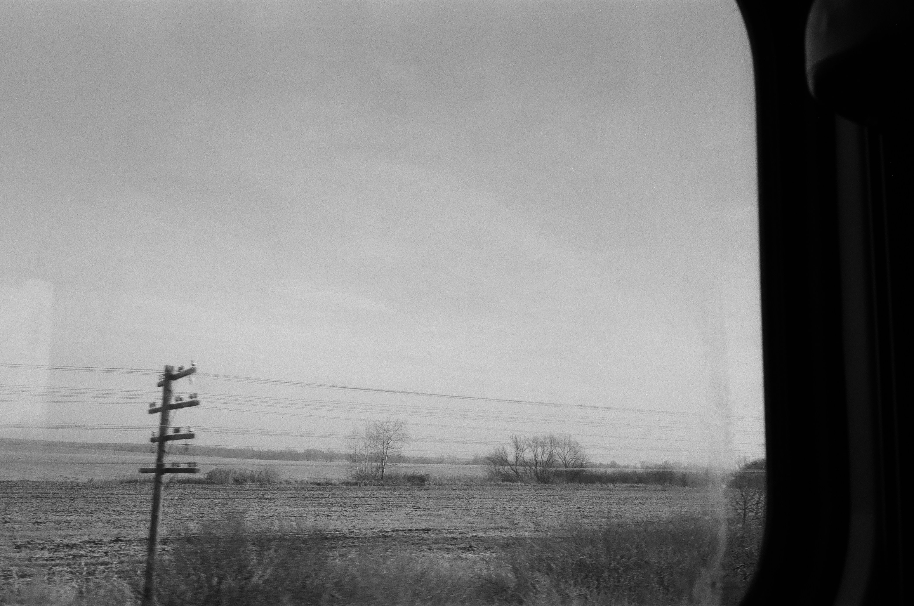 A serene landscape captured from a train window, featuring distant trees and telephone poles against a muted sky. The monochrome tones enhance the sense of nostalgia.