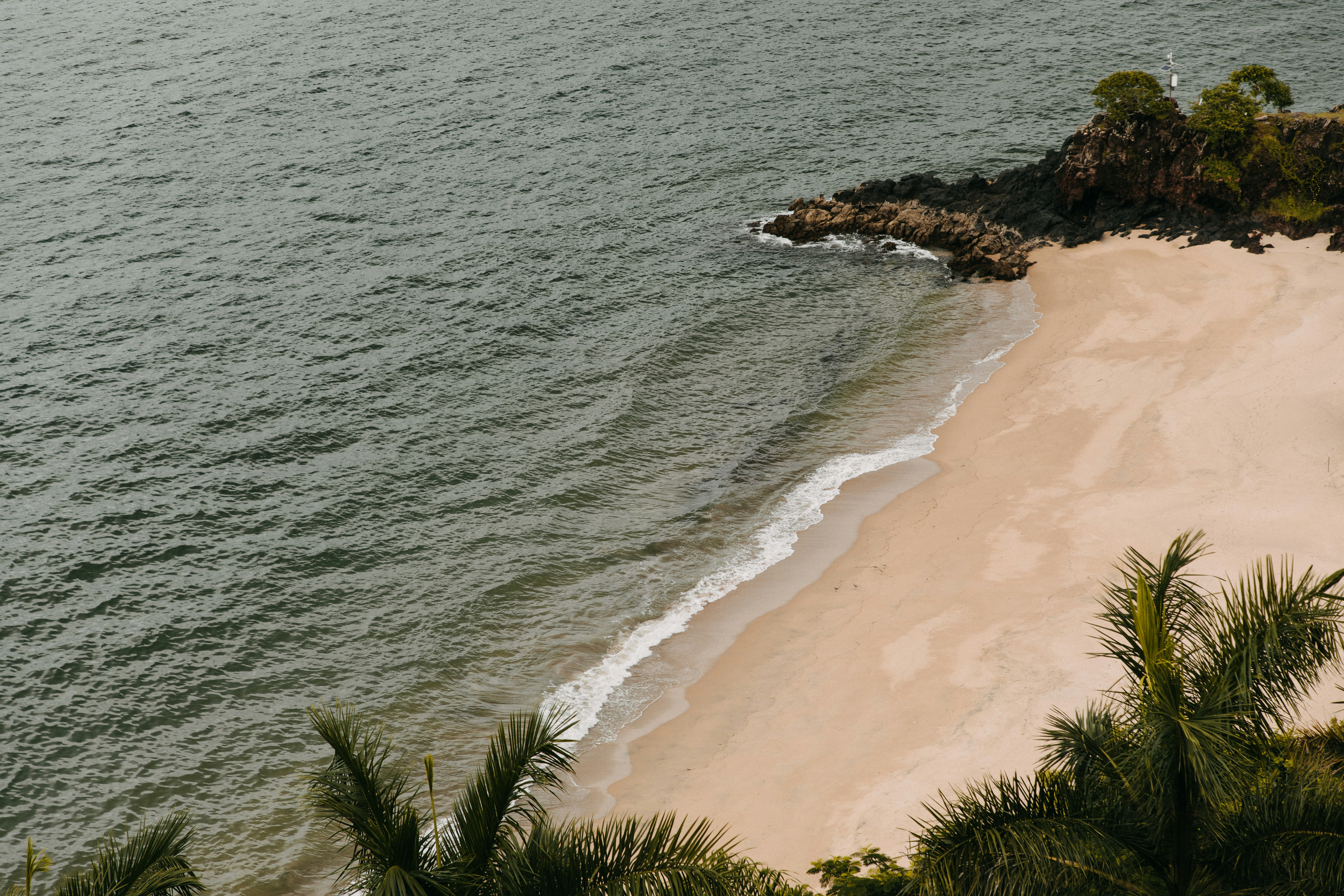 Aerial view of a tranquil beach with gentle waves meeting the sandy shore, framed by lush palm trees and rocky outcrop.