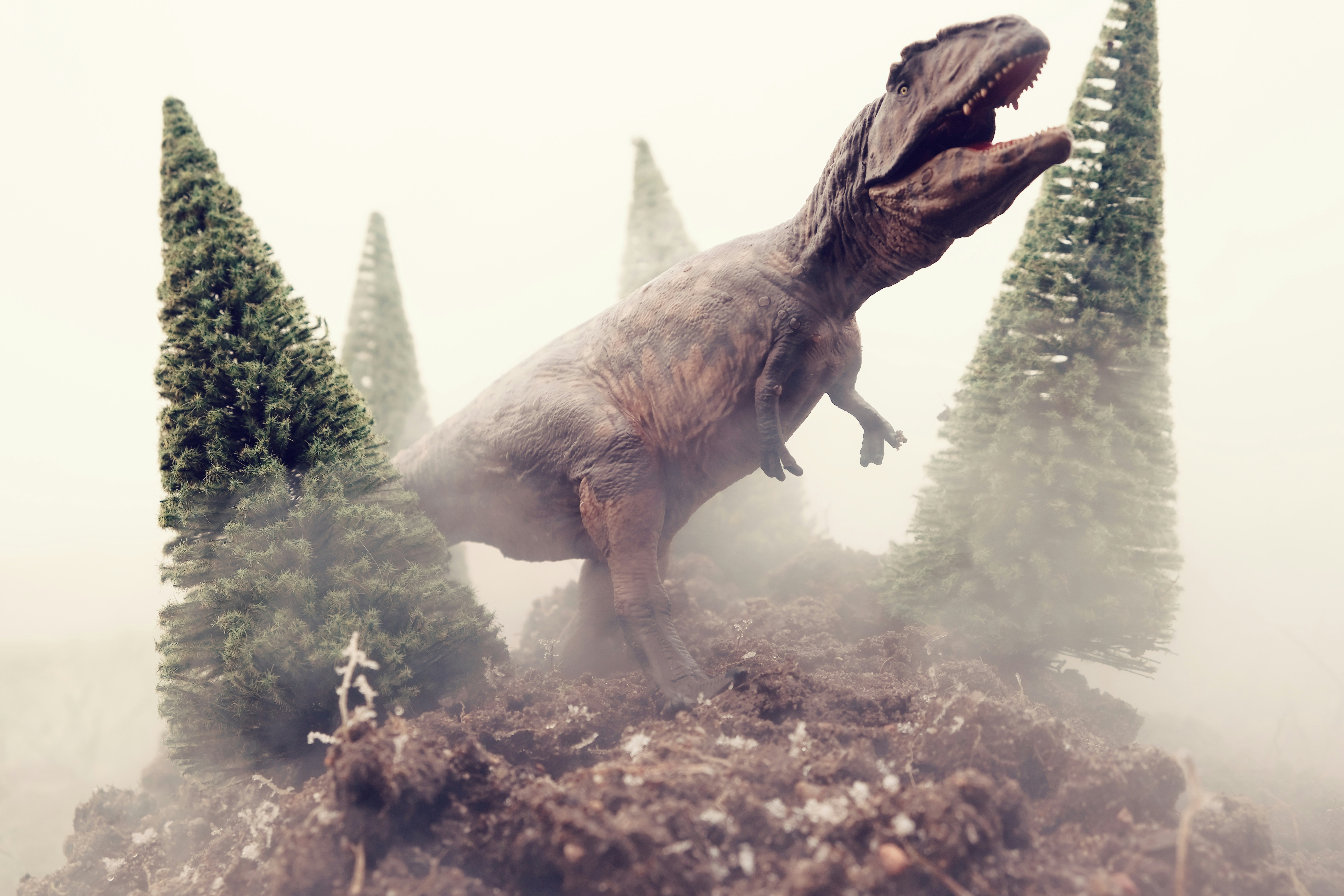 A dinosaur model emerges from a foggy landscape surrounded by miniature evergreen trees, evoking a sense of ancient wilderness.