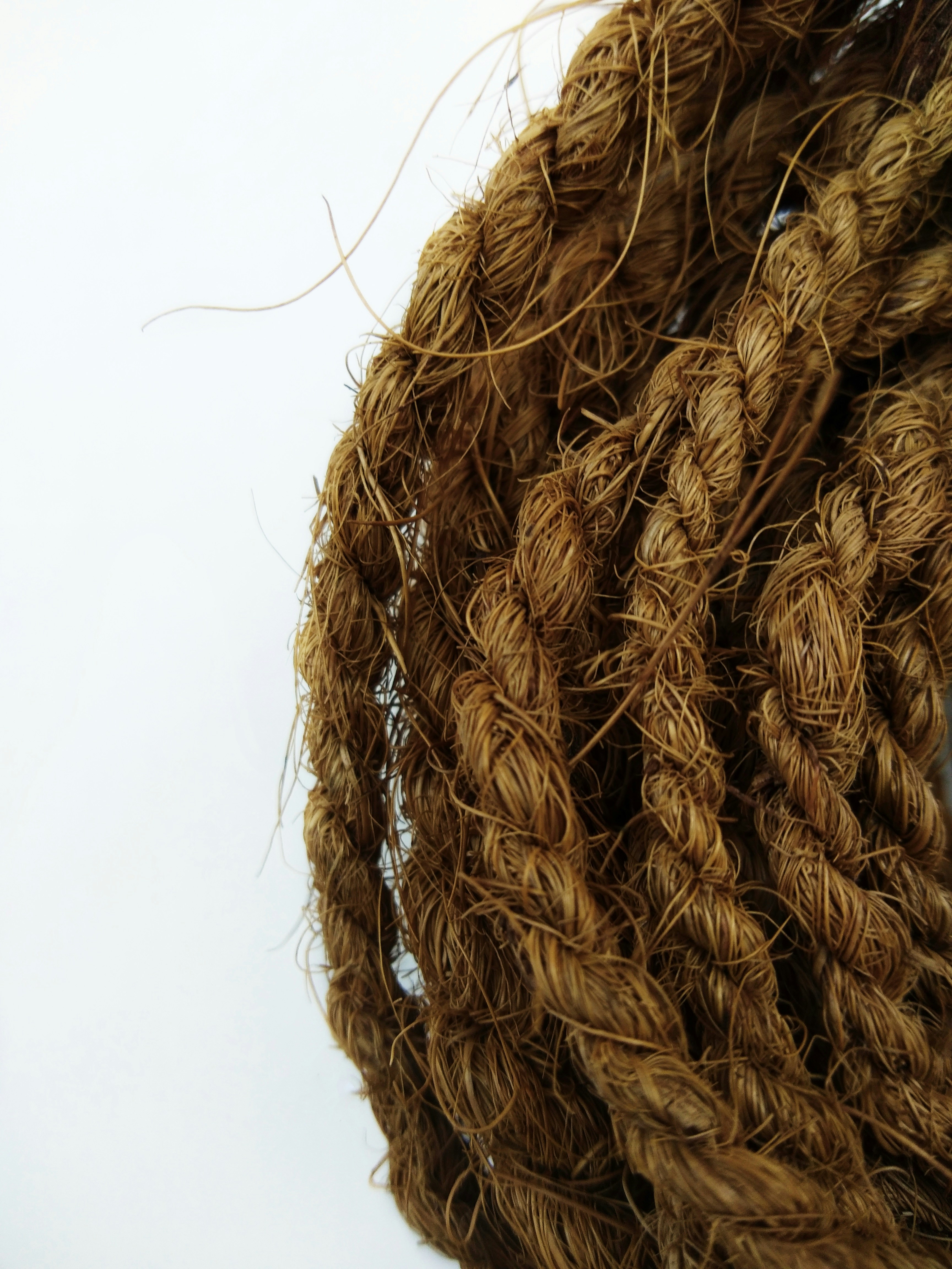 Close-up of twisted natural fibers arranged in a circular pattern against a plain background.