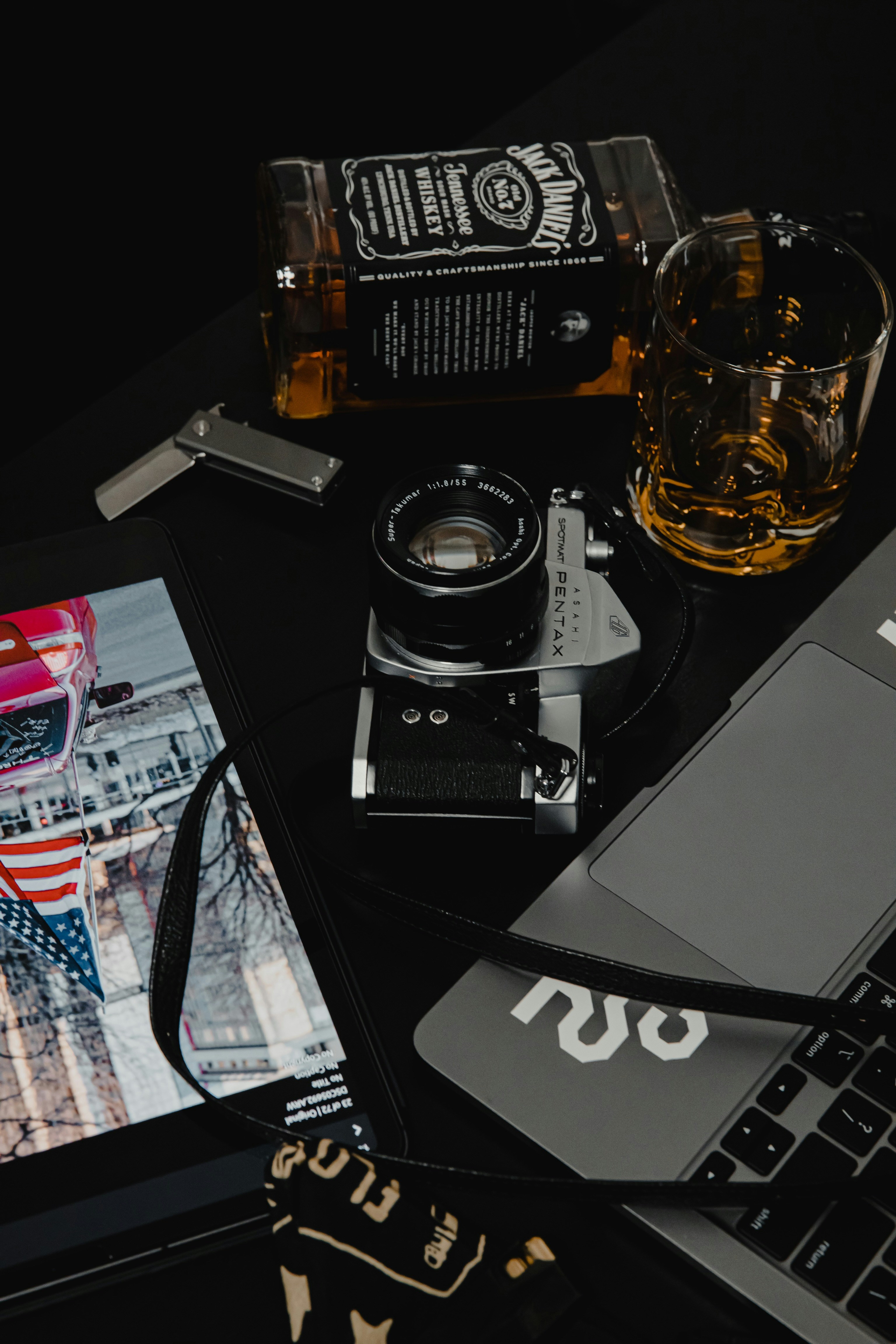Whiskey Glass, Camera, and Laptop: A Quiet Studio Stillscape