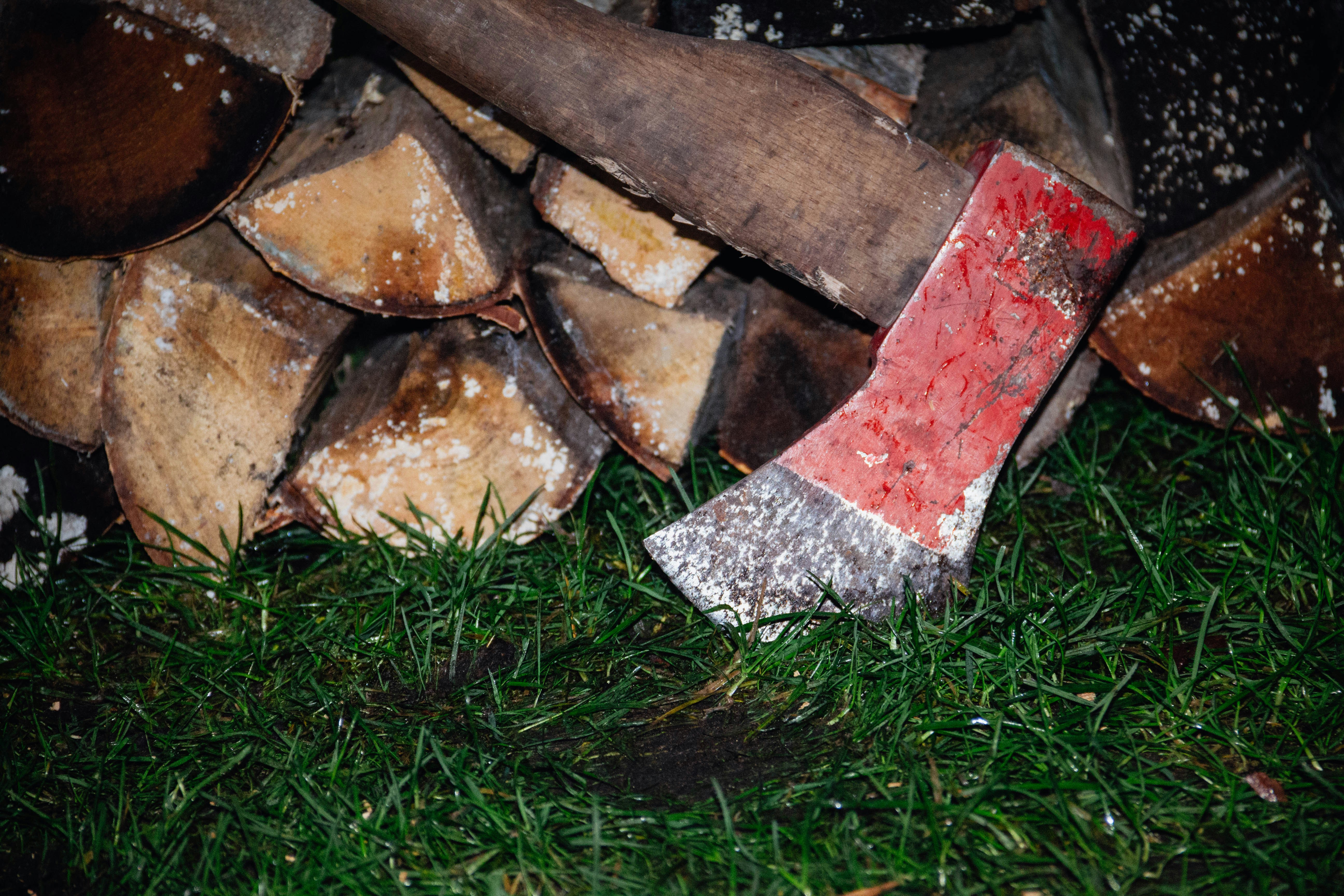 Split Second: A Weathered Axe Embedded in Firewood by the Grass