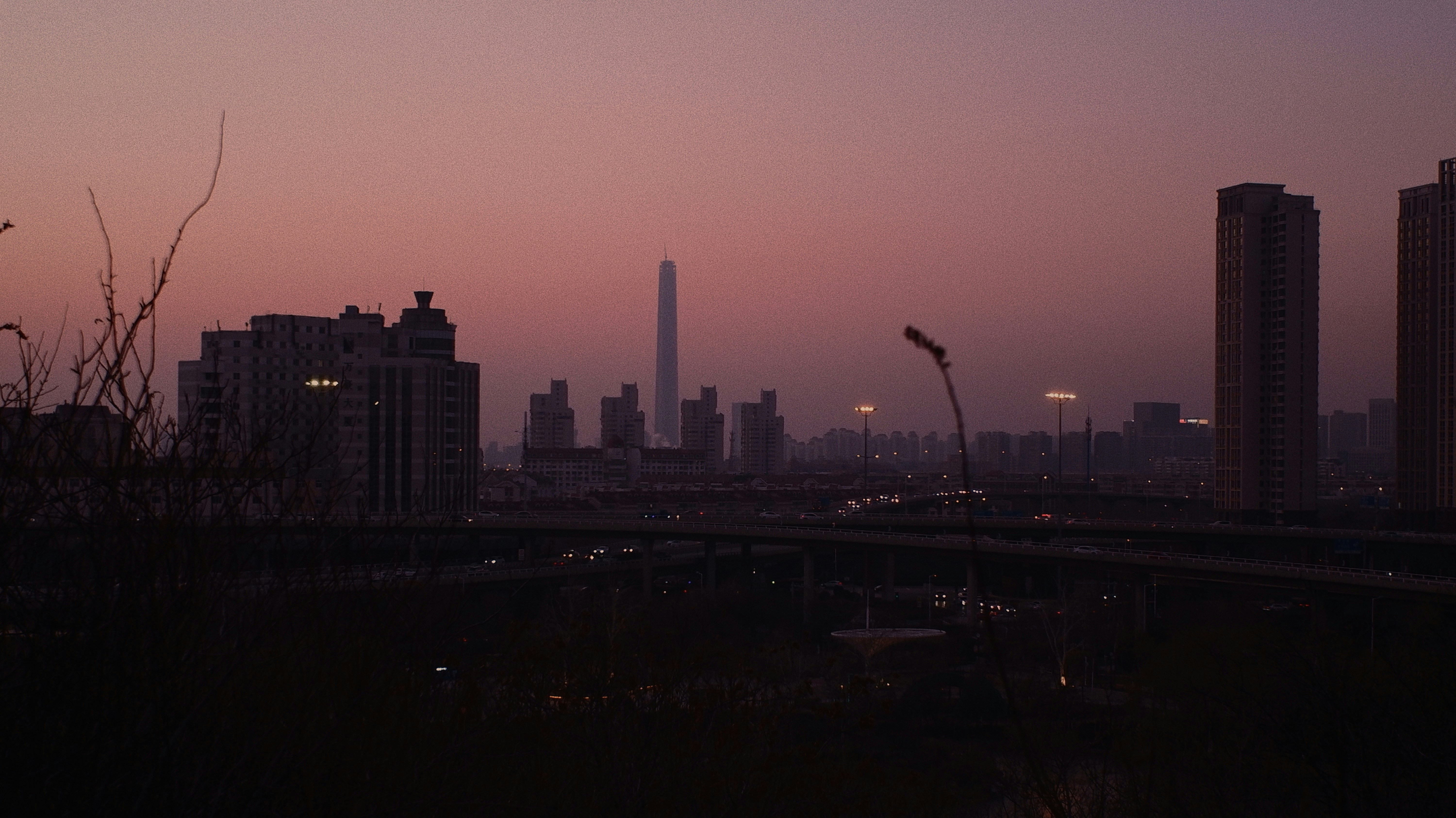 City skyline photograph at dusk with a pink-hued horizon and a tall central spire rising among silhouetted buildings.