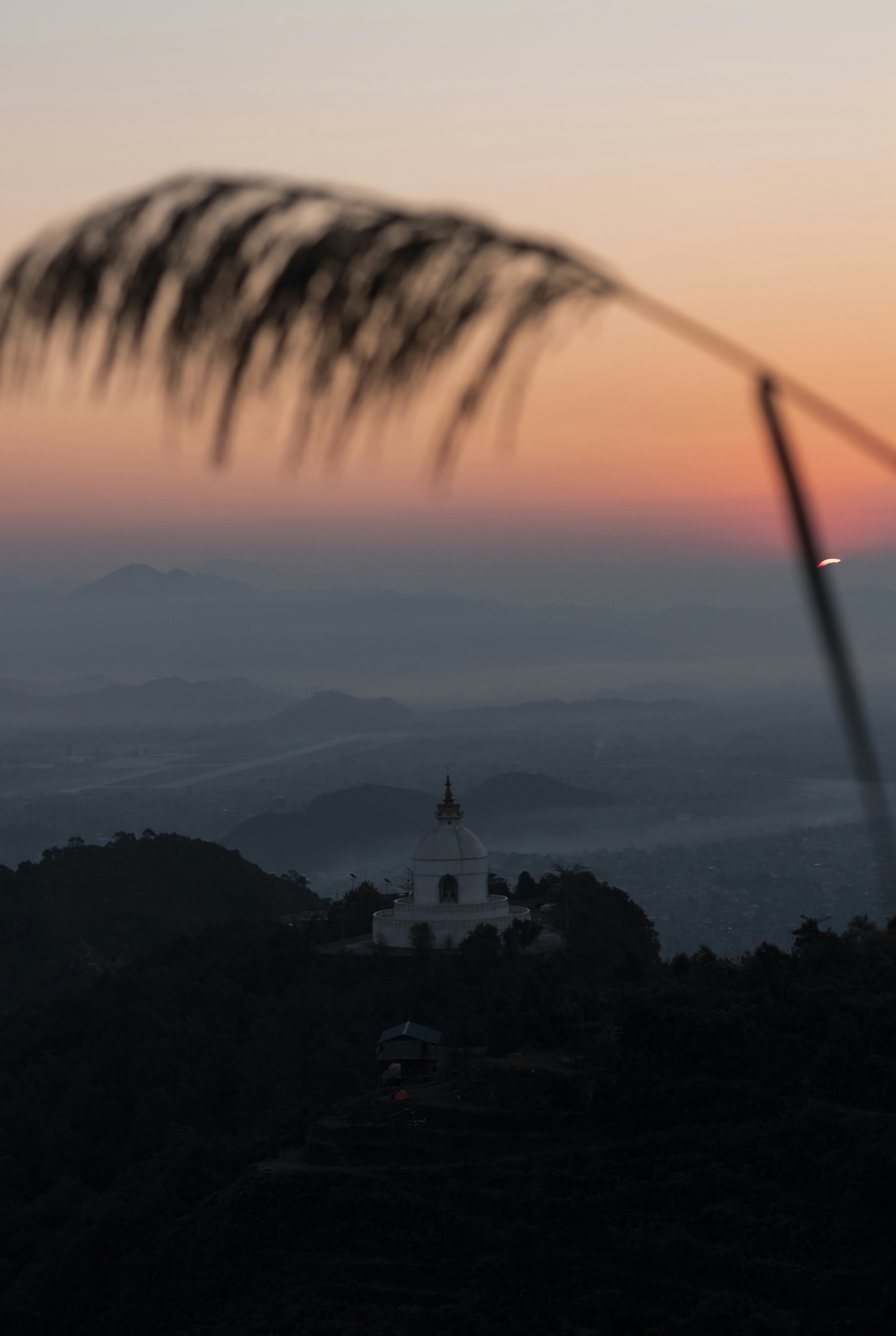 Silhouetted pagoda on a hilltop at dawn with a hazy, colorful sky and blurred foreground plant.