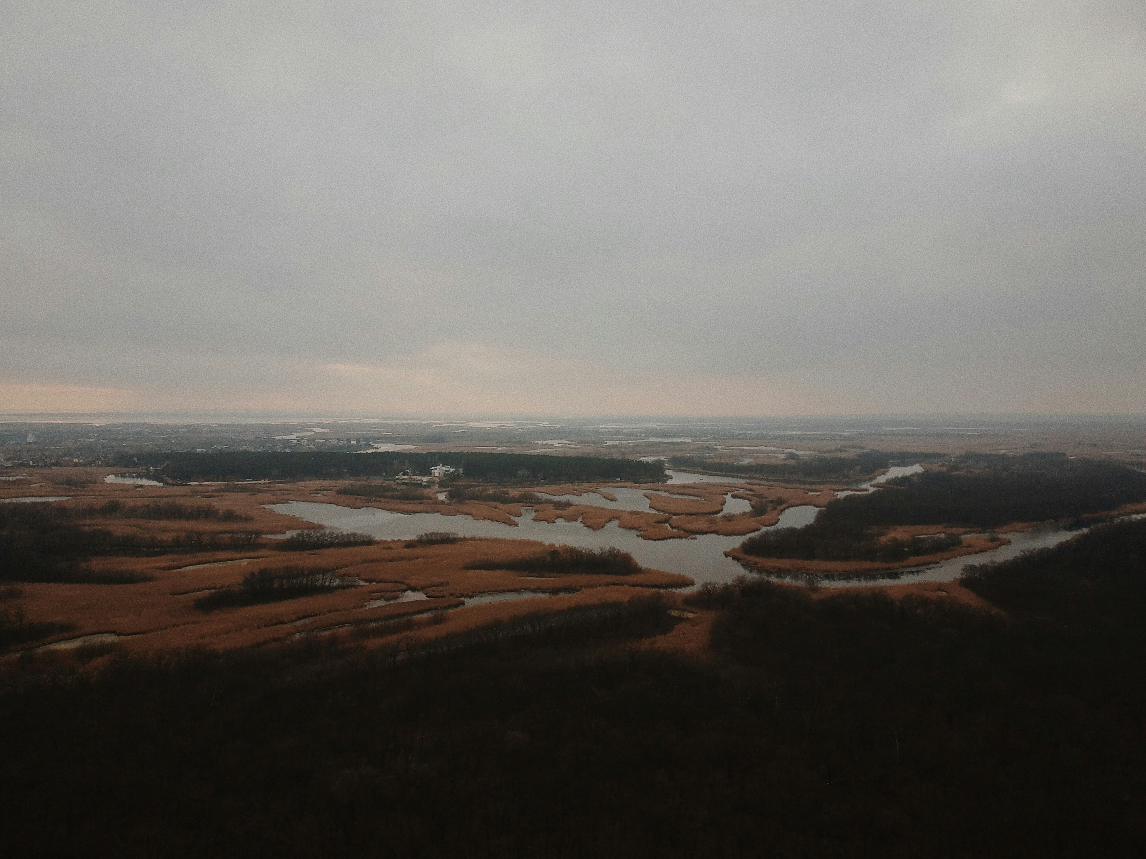 Aerial view of a sprawling wetland landscape, featuring winding waterways and patches of golden grass under a cloudy sky.
