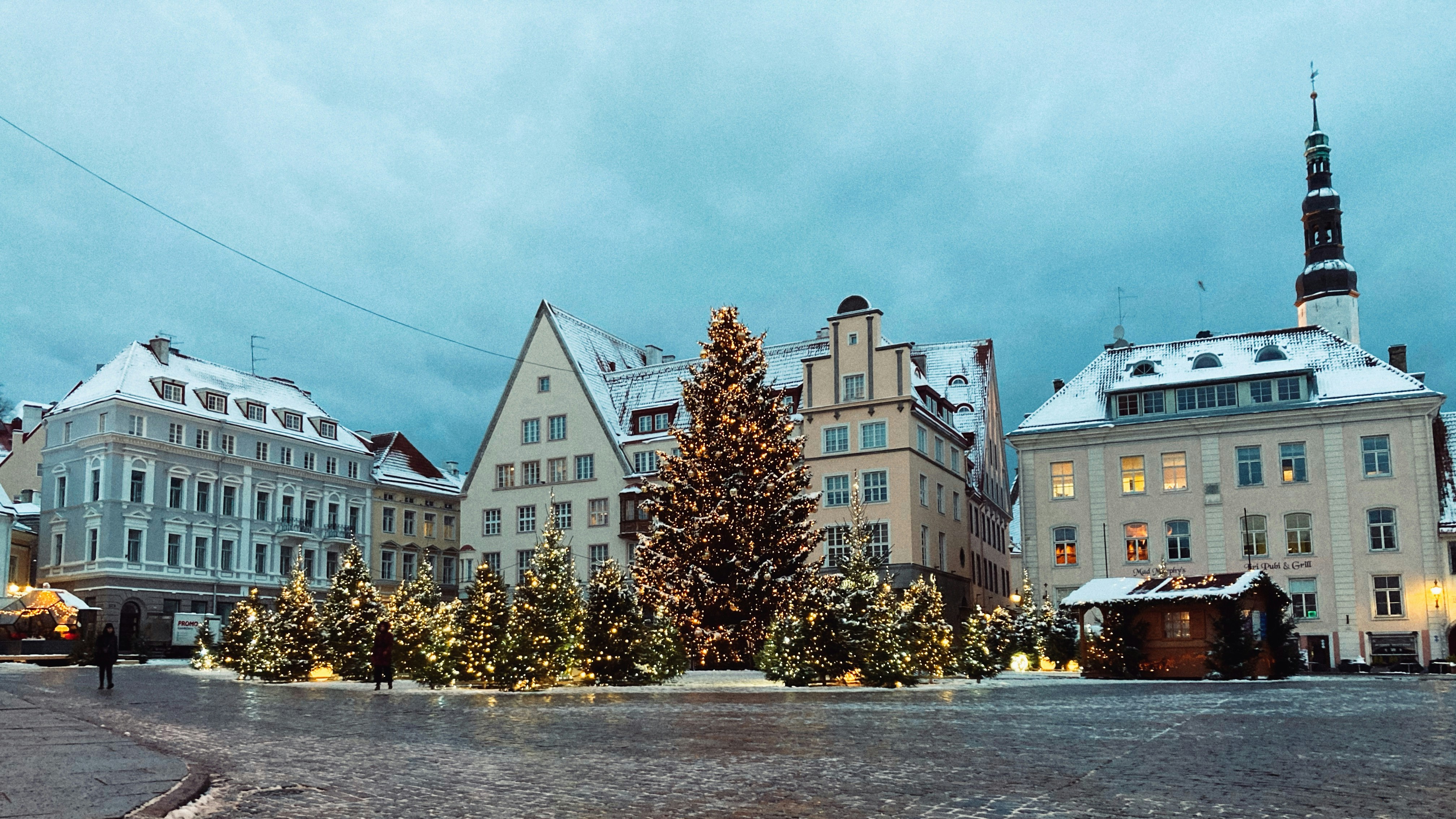 Snow-draped Christmas tree surrounded by historic buildings in Tallinn's Old Town under a cloudy sky.