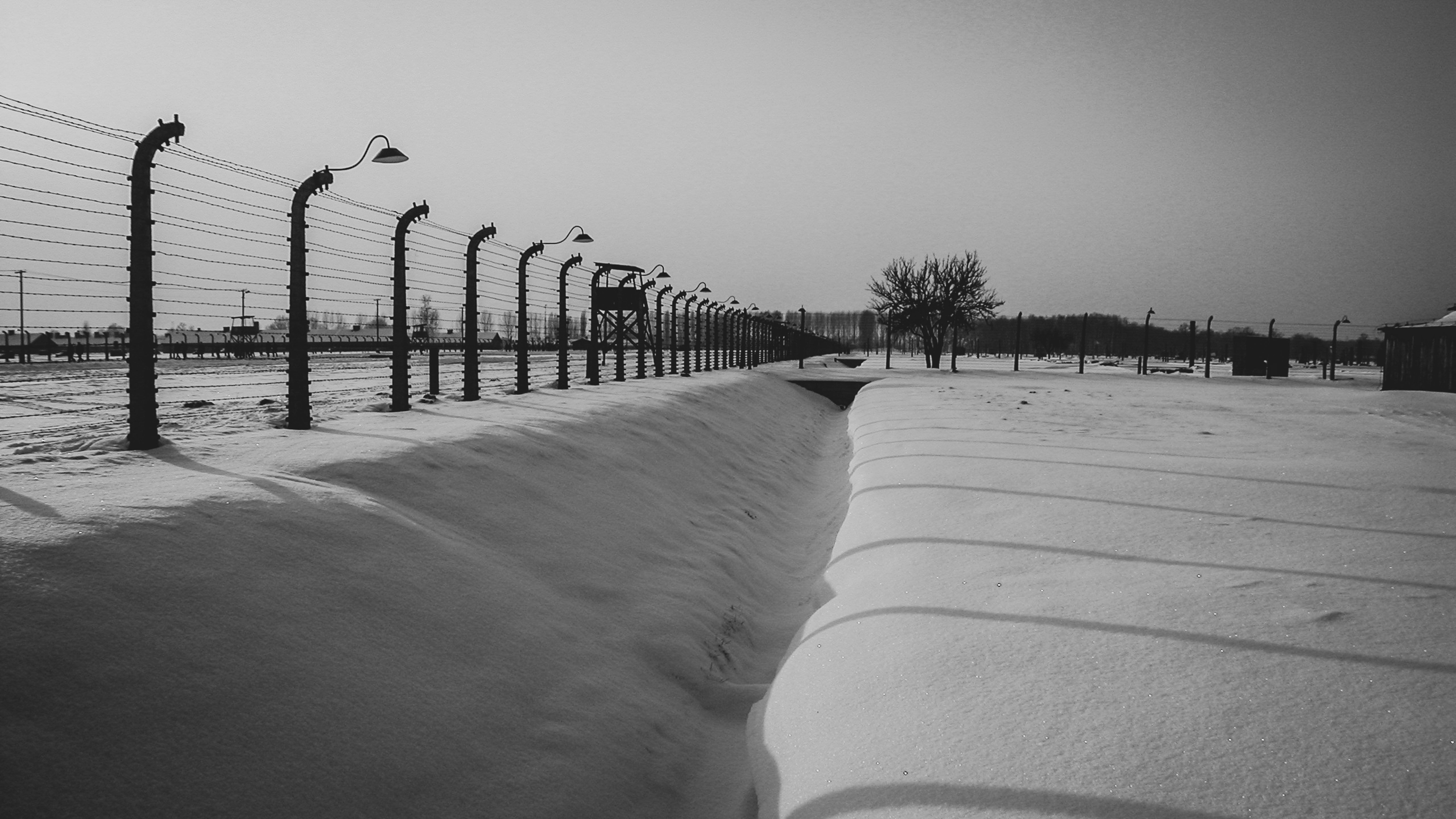 Snow-covered pathway lined with a fence under a clear sky.