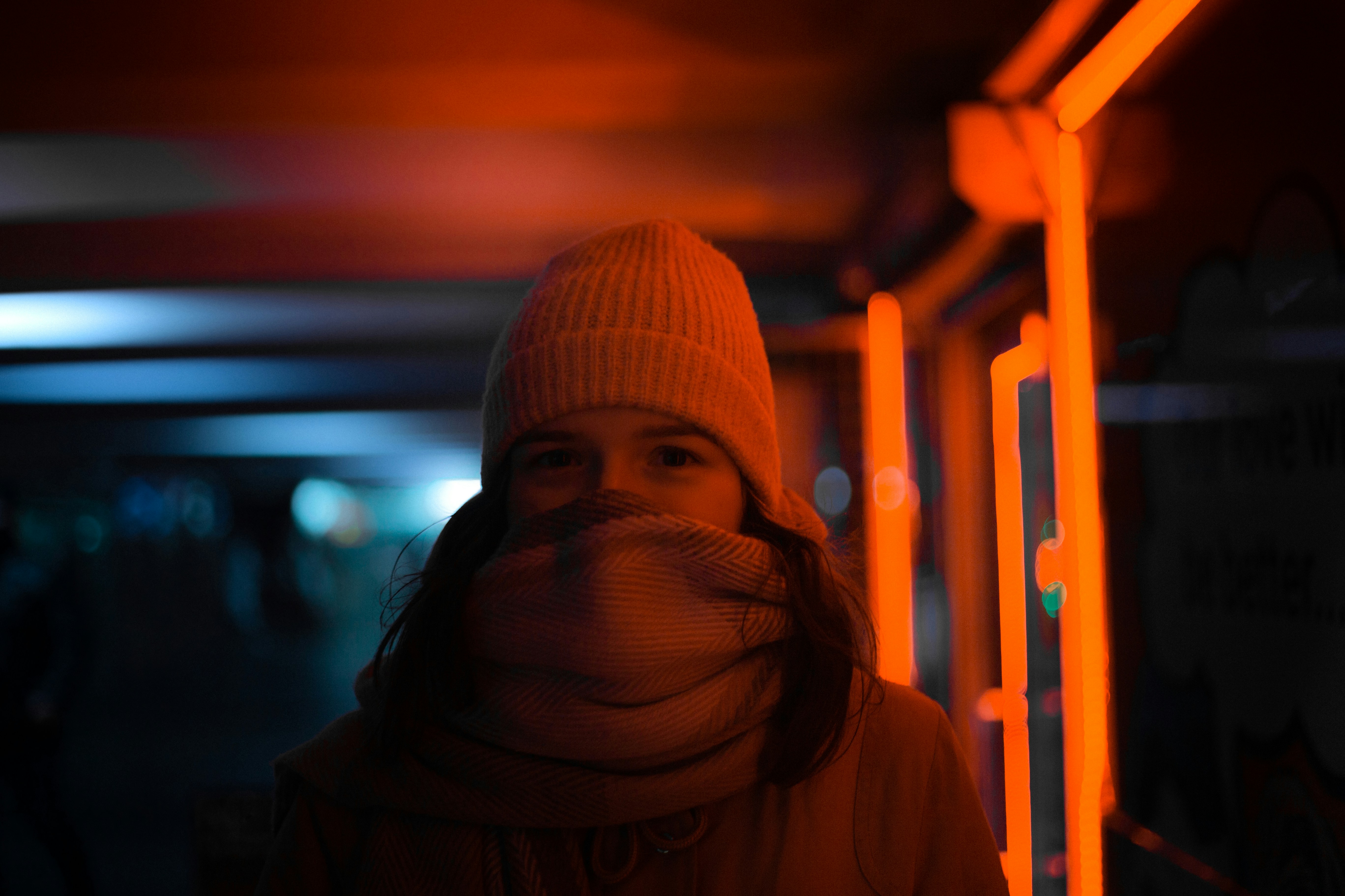 Neon Night Portrait in a Cozy Corridor