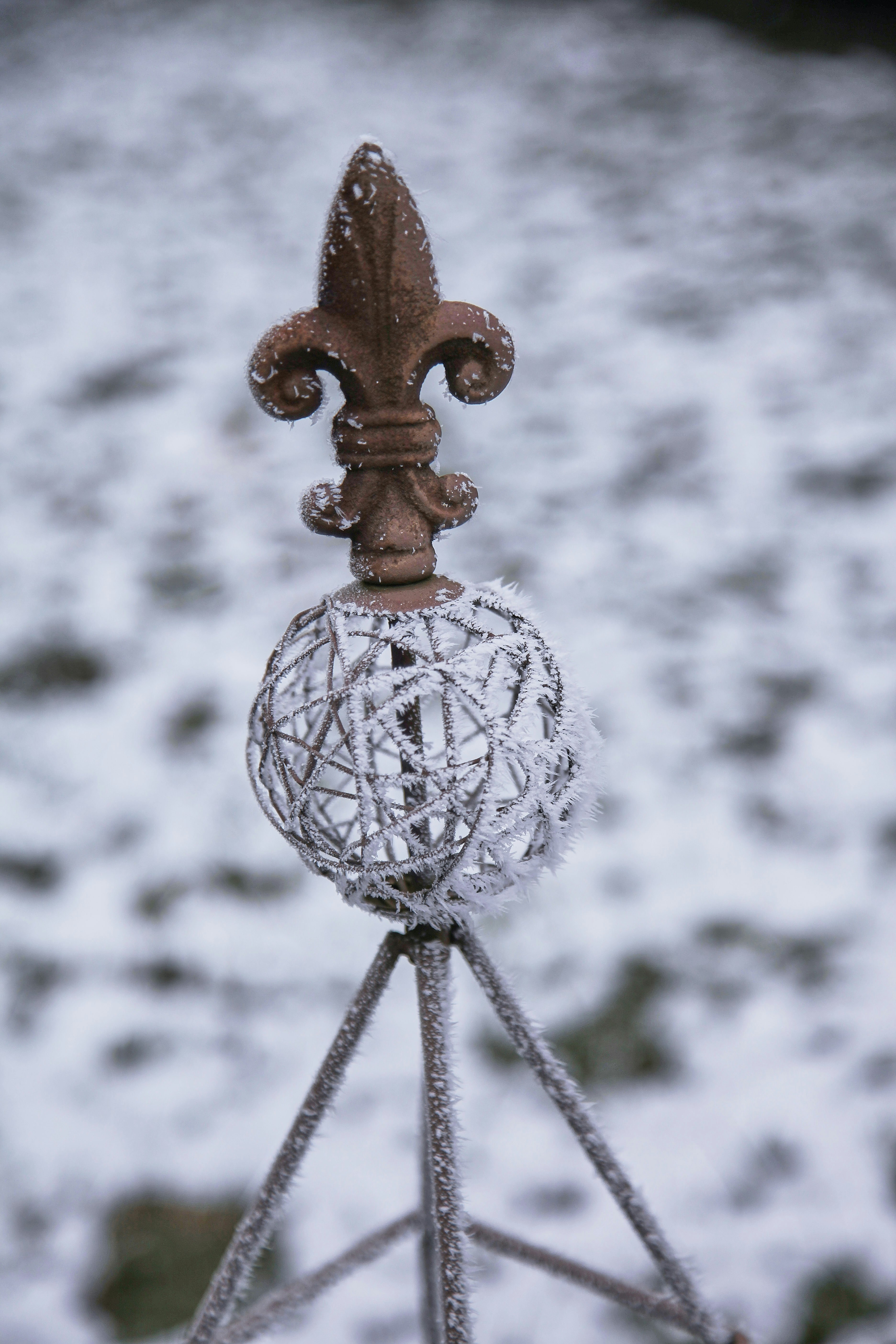 A decorative garden stake topped with a fleur-de-lis, adorned with frost, stands against a snowy backdrop.