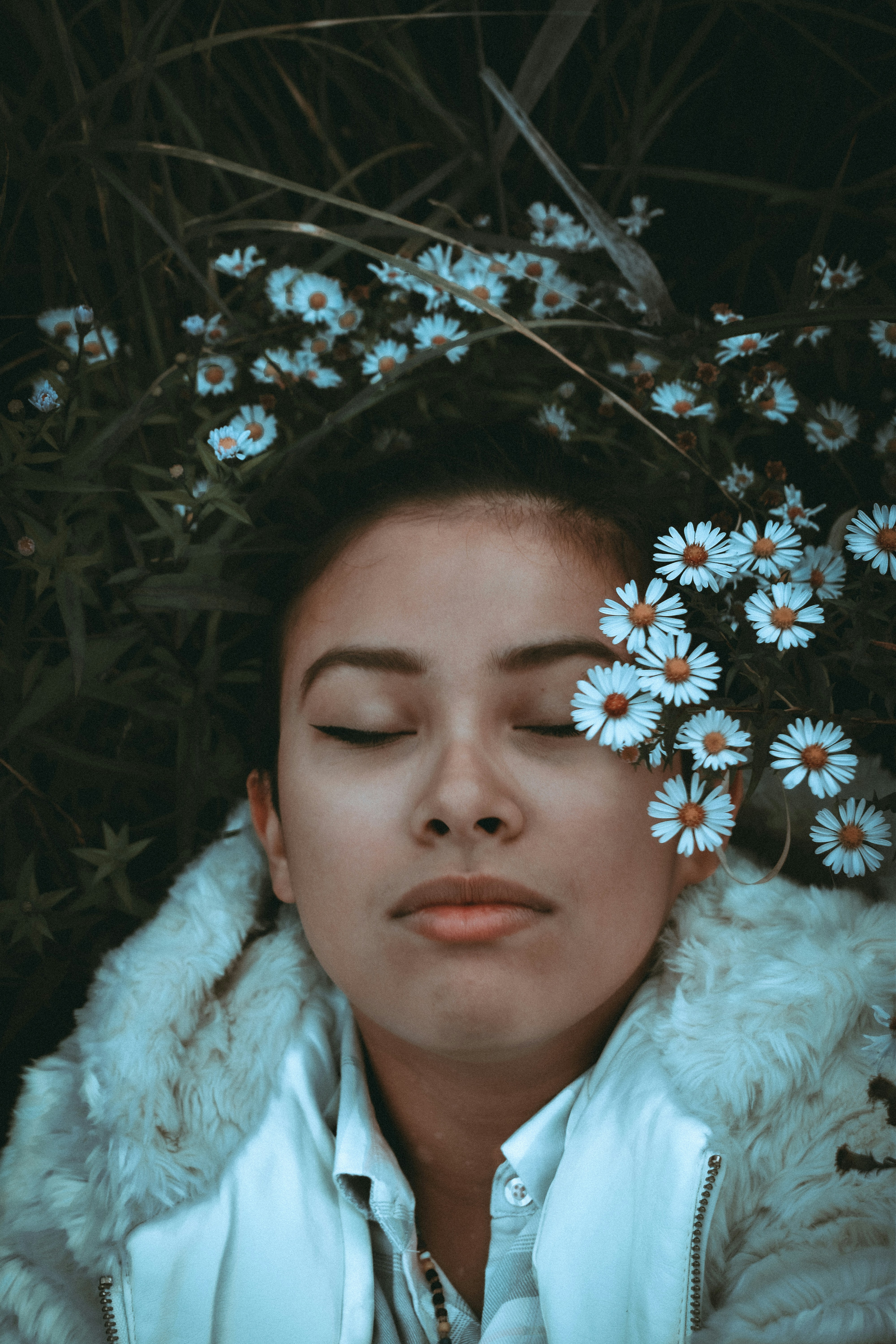 Daisy Crowned Silence: A Portrait Framed by Blue Blooms