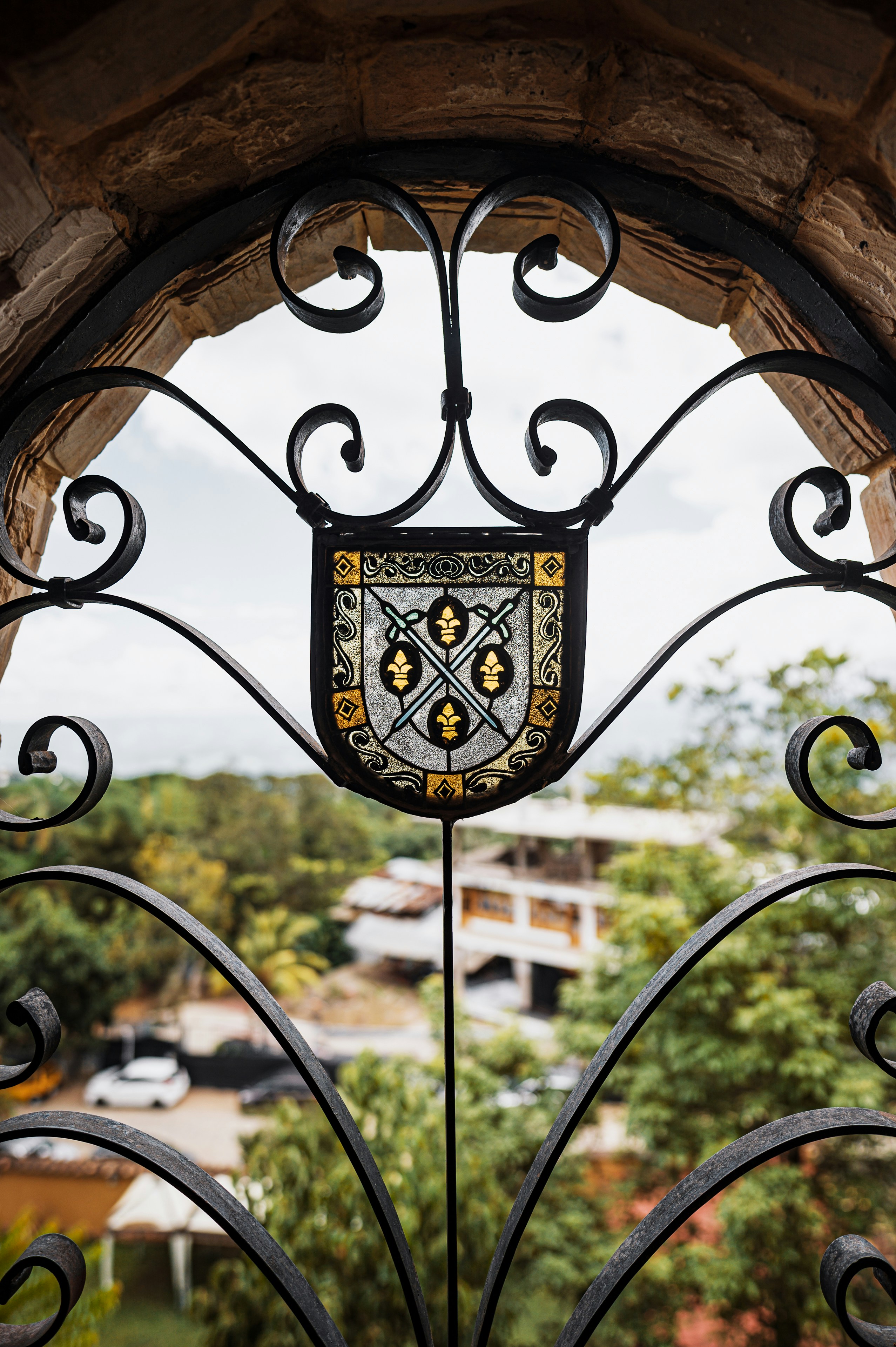Heraldic Gate: Gilded Emblem Framed by Curved Ironwork Overlook