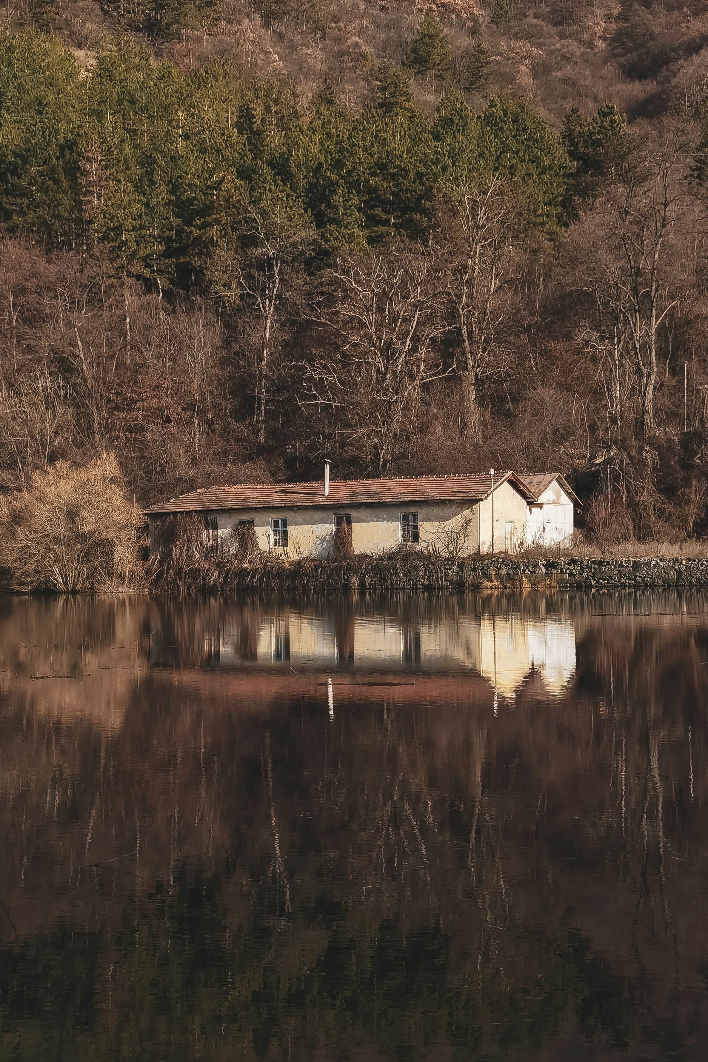 Photograph of a riverside cottage tucked along a tranquil waterway, with a dense forest backdrop and its reflection mirrored in the calm surface.