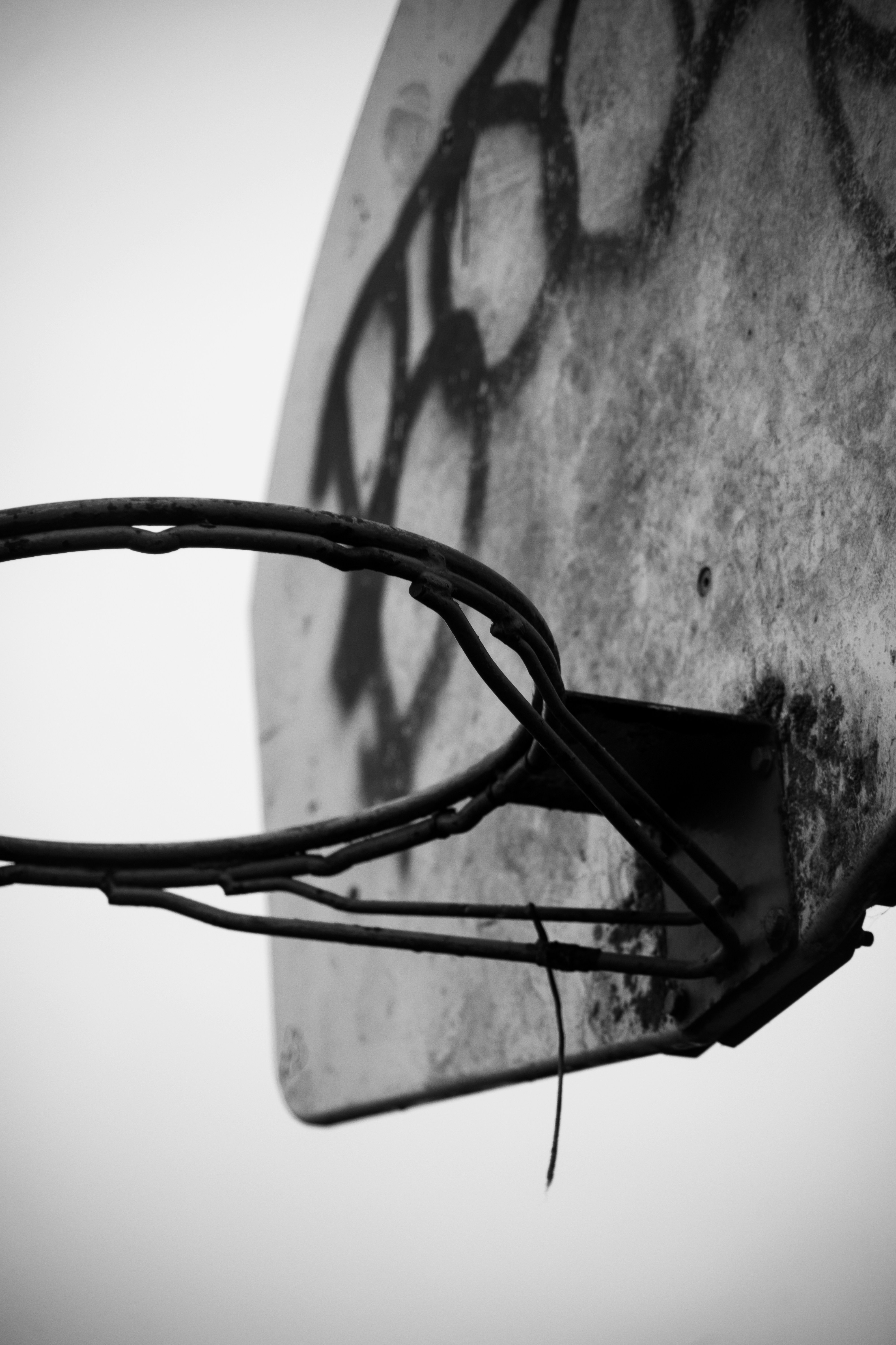 Weathered basketball hoop adorned with graffiti, suspended against a muted backdrop. The scene evokes a sense of nostalgia and abandonment.