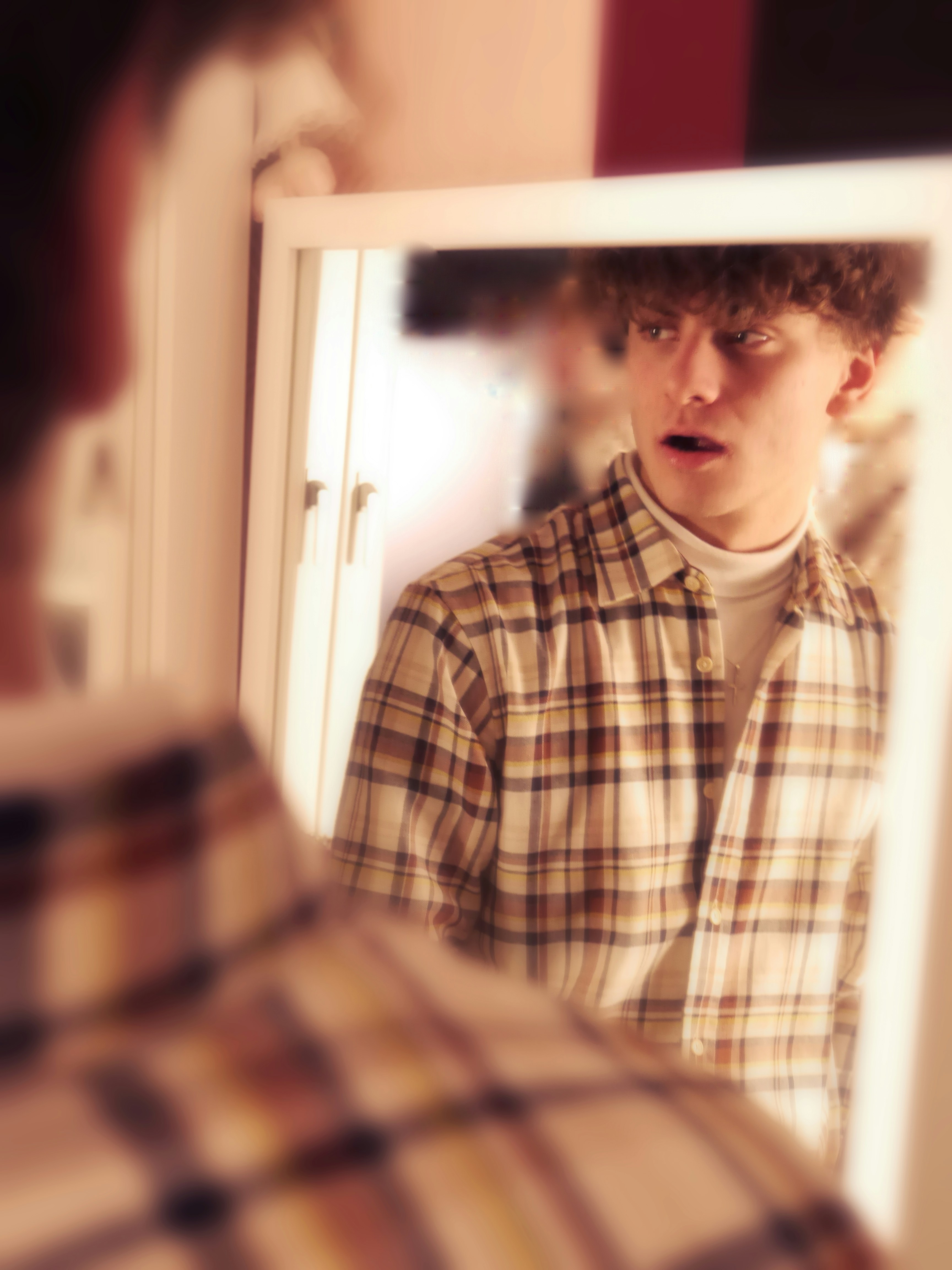 Plaid Echo in the Mirror: A Quiet Portrait of Curiosity