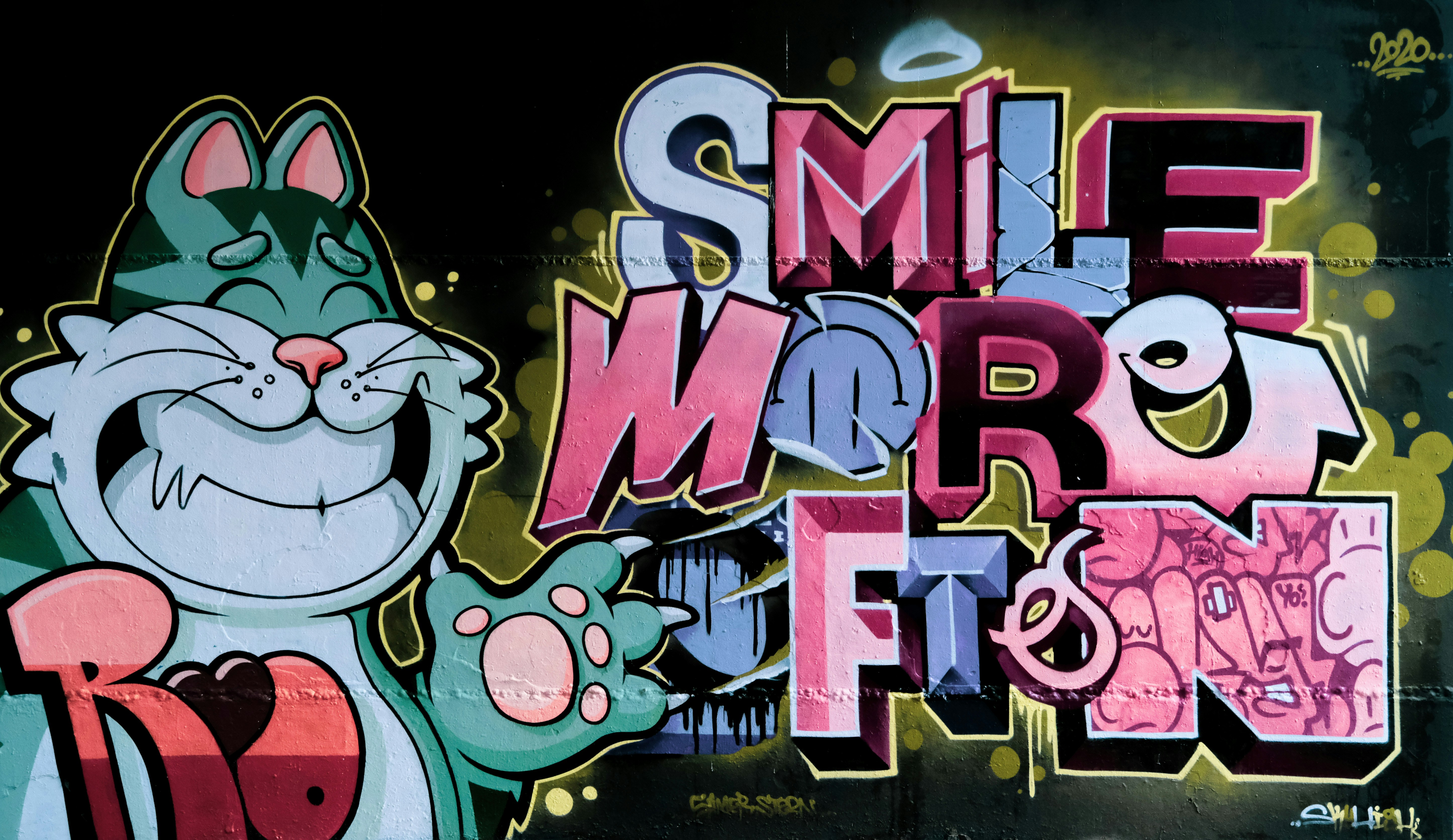 Grinning Graffiti Cat Guarding Neon Text