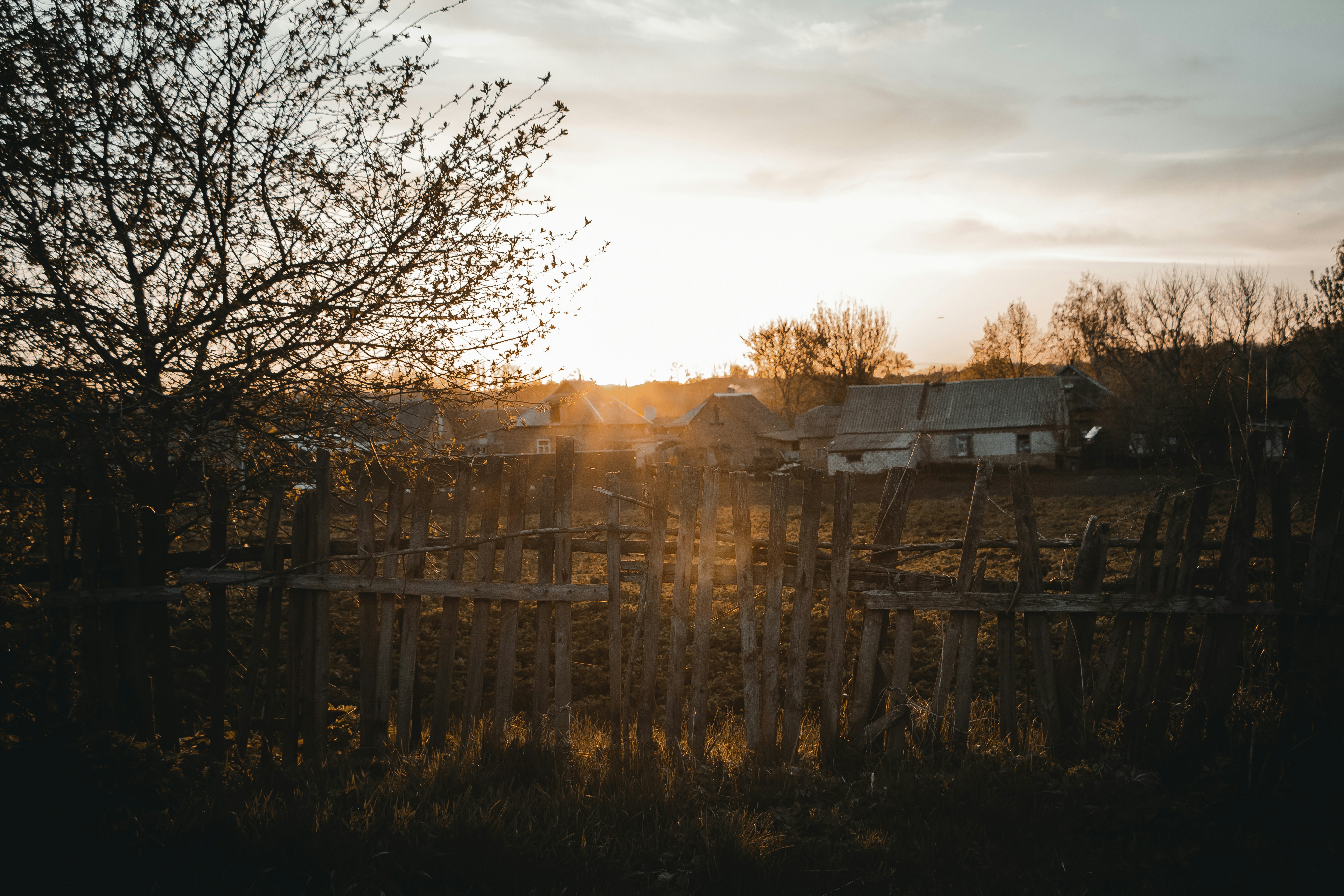Sunset casts a warm glow over a rural landscape with a wooden fence and bare trees.