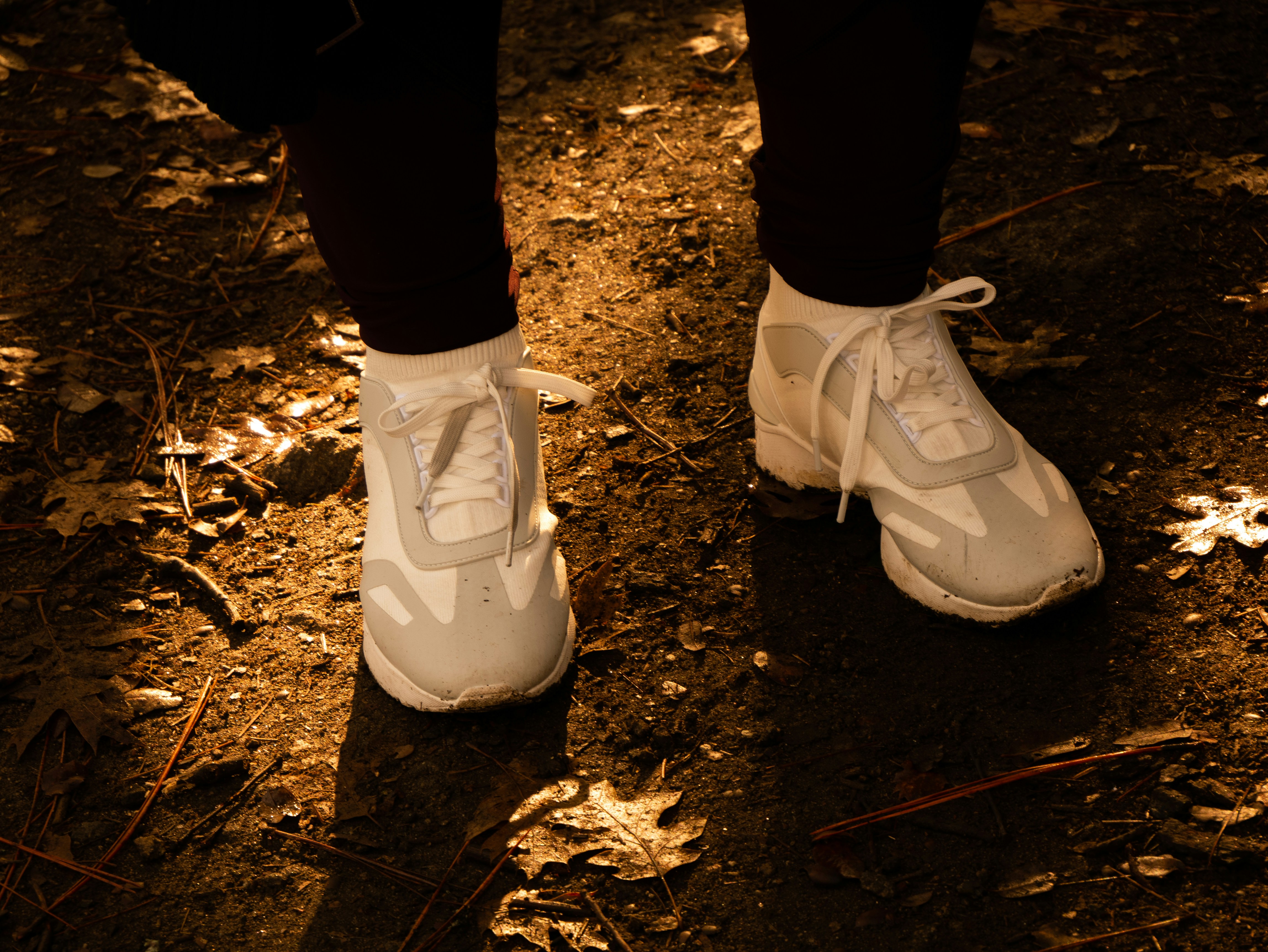 Amber-Hued Footing: White Sneakers Anchor a Leaf-Littered Path