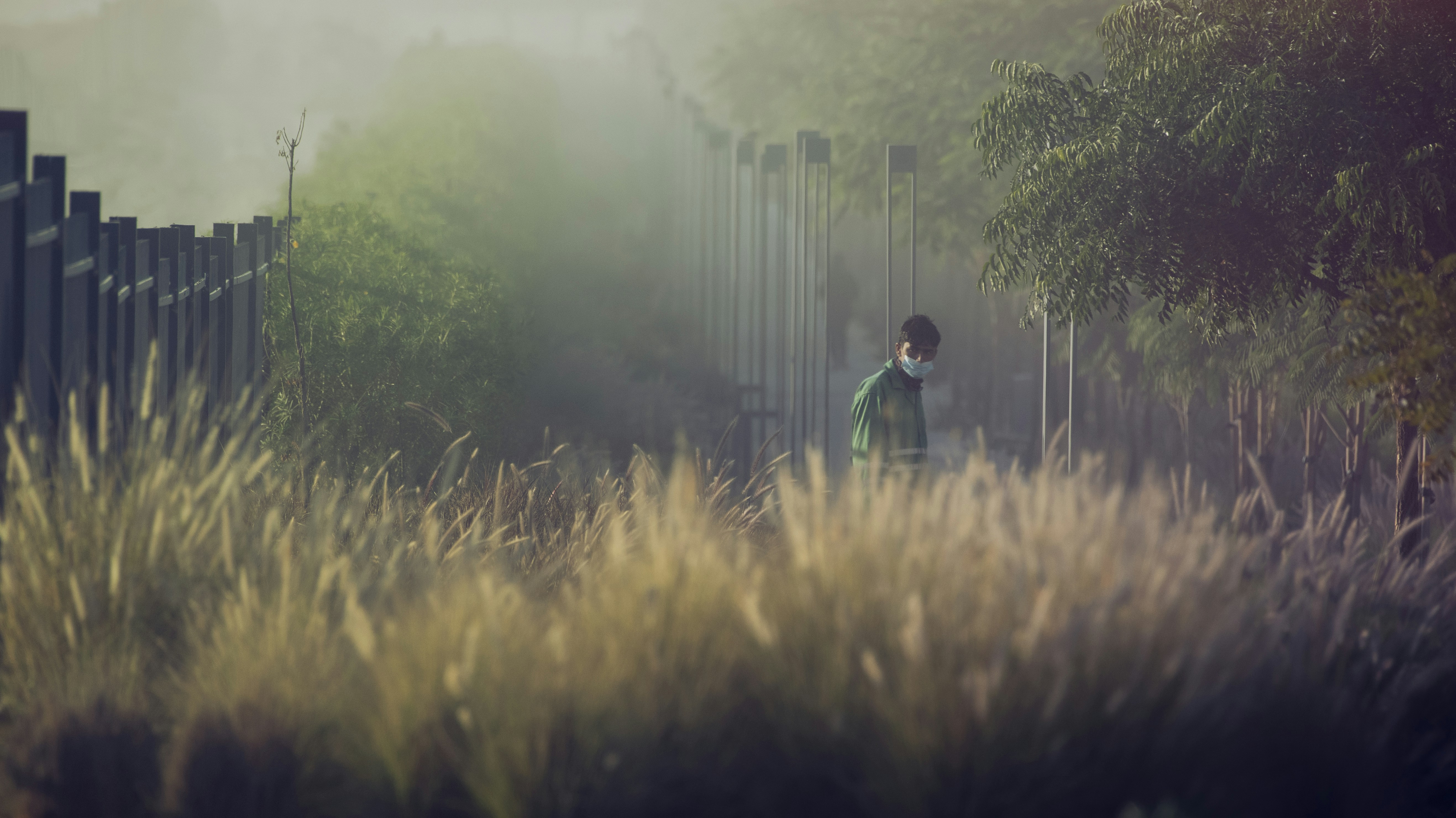 Hidden Figure in a Woven Morning Corridor