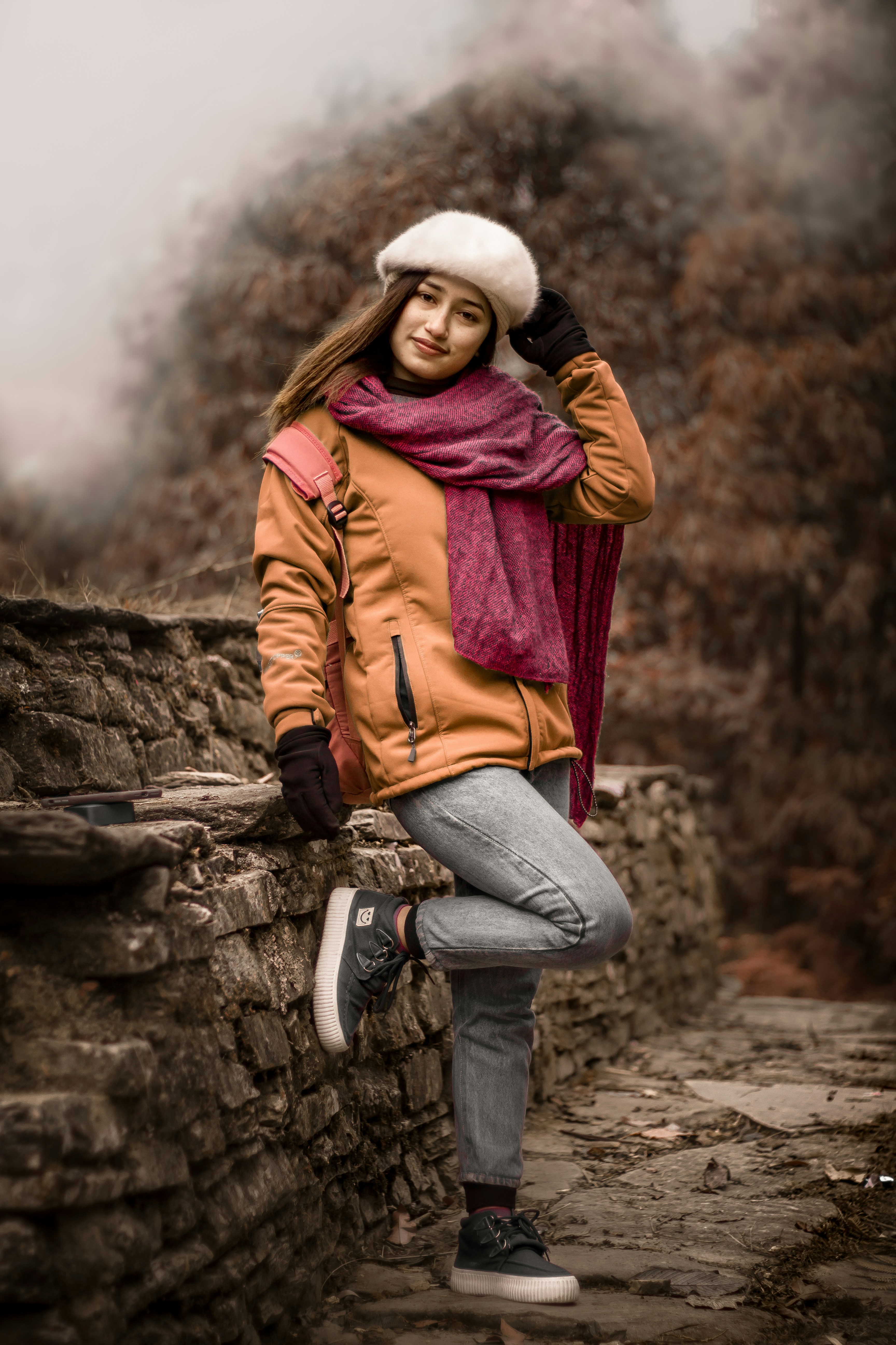 Winter Portrait on a Stone Wall