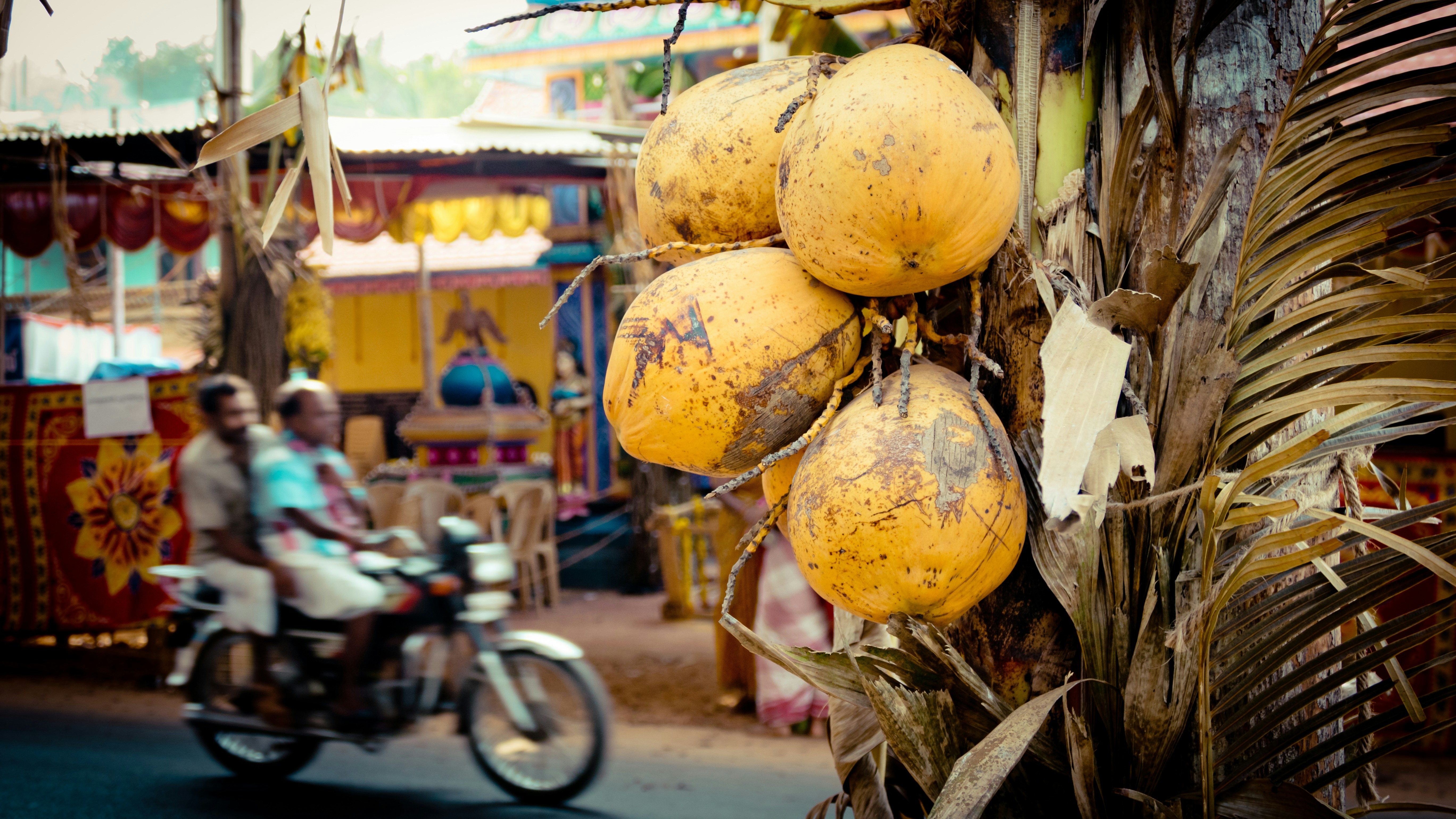 Cocooned by Market Hue: Yellow Orbs Above a Bustling Street