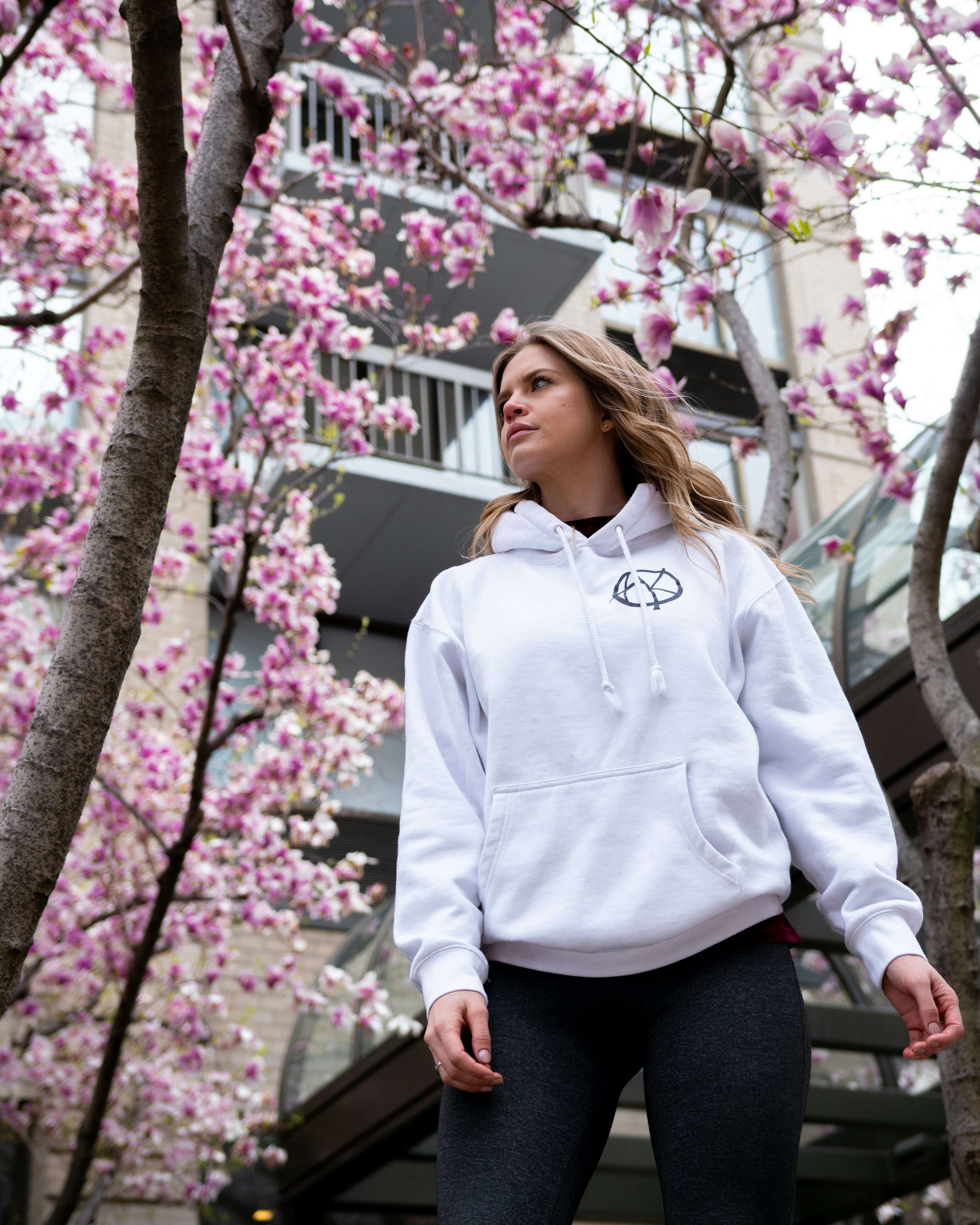 Urban Blossom: A Hoodie Amid Pink Petals
