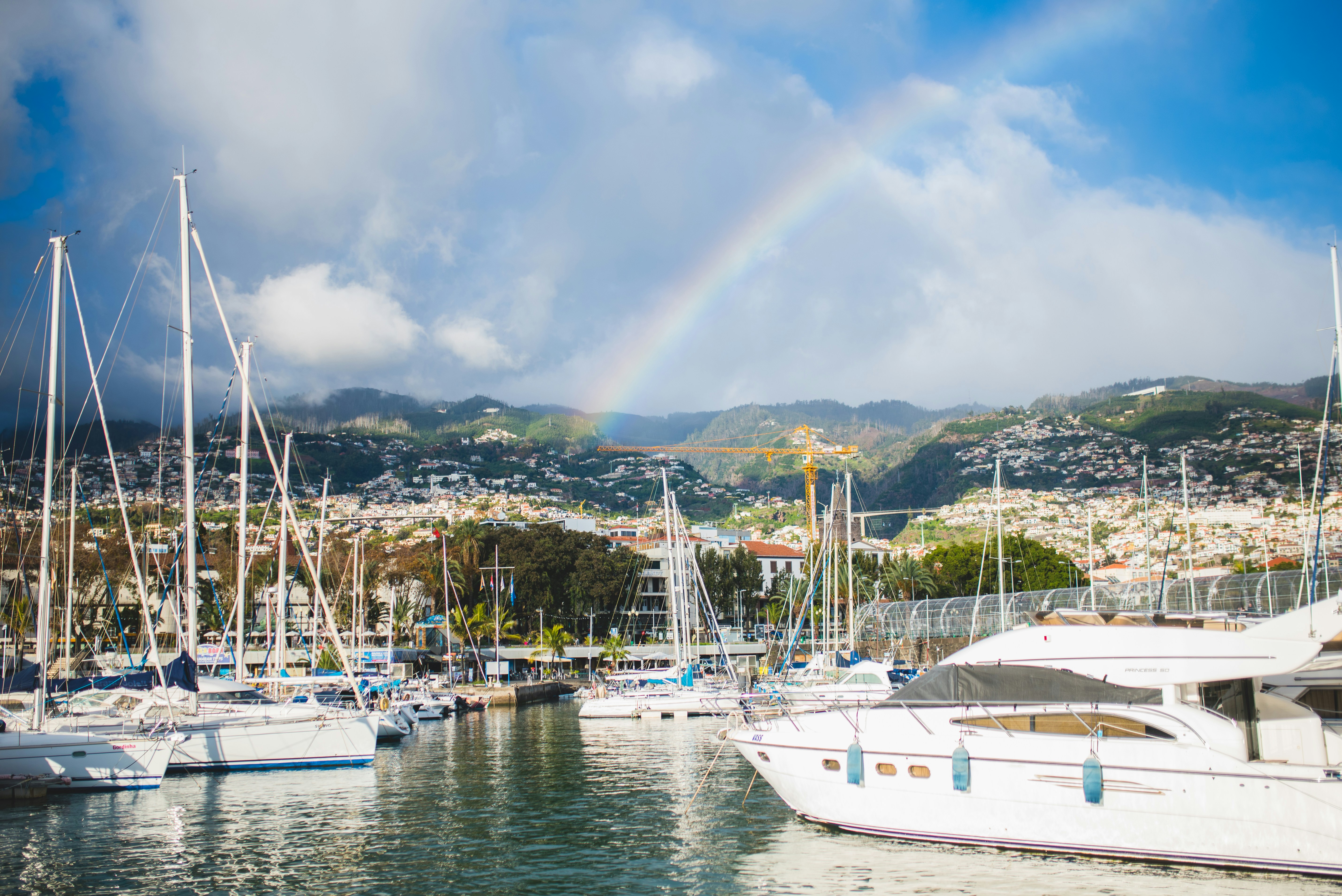 Marina scene featuring white yachts docked in calm waters, with a vibrant rainbow arching over lush green hills in the background.