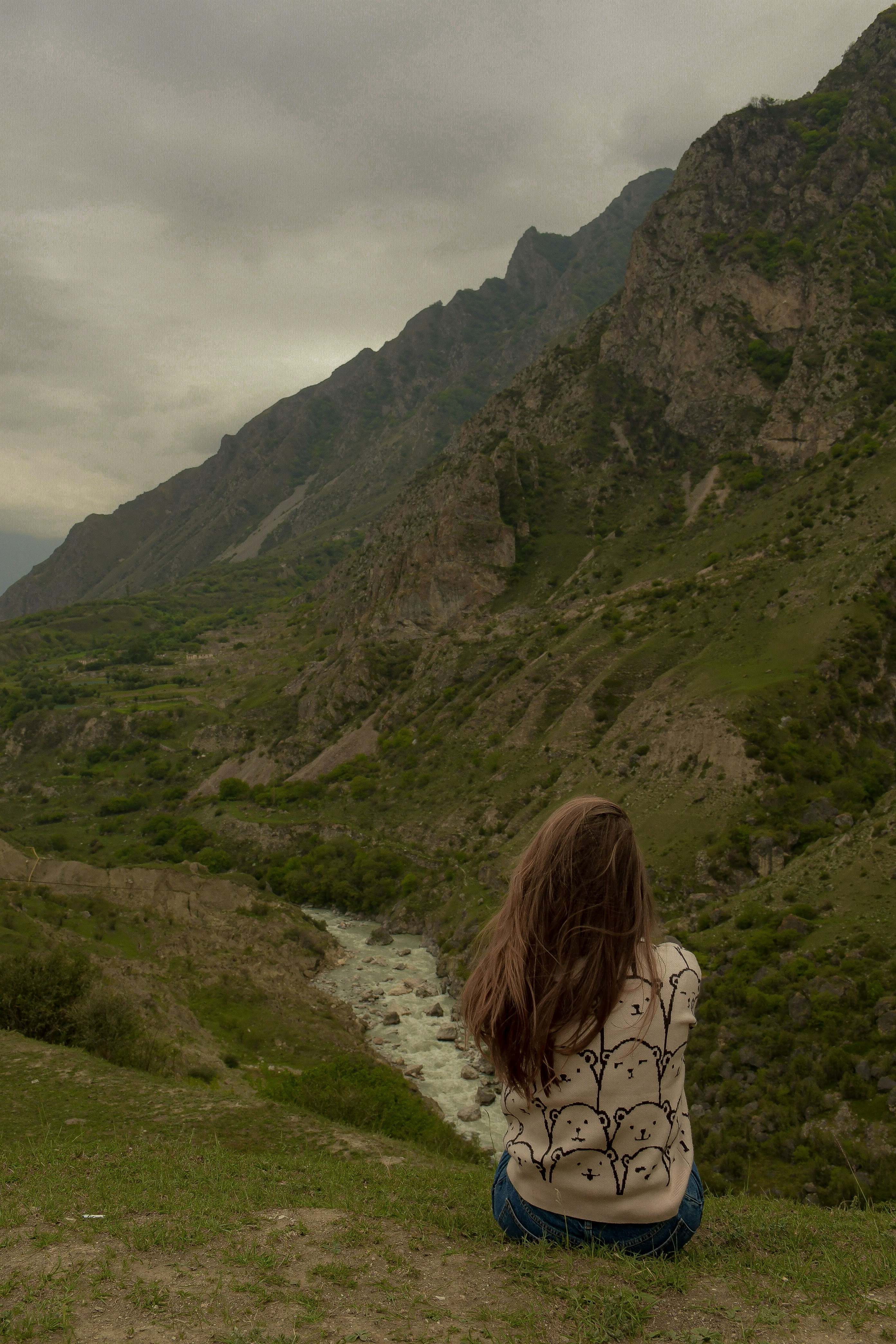 A person with long hair sits on a grassy hillside, gazing at a winding river surrounded by majestic mountains under a cloudy sky.
