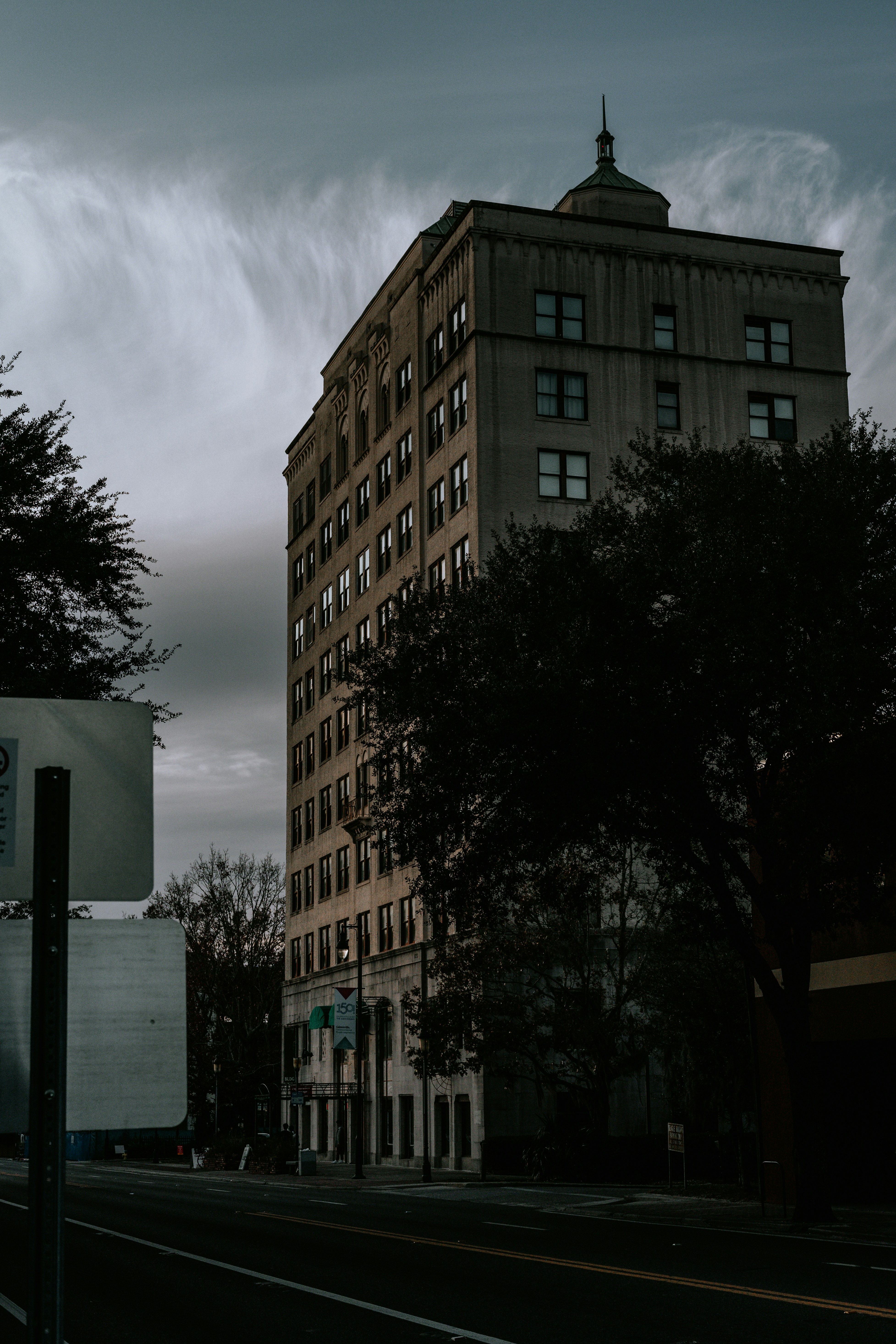 Historic building framed by trees under a moody sky, showcasing architectural details and urban life.