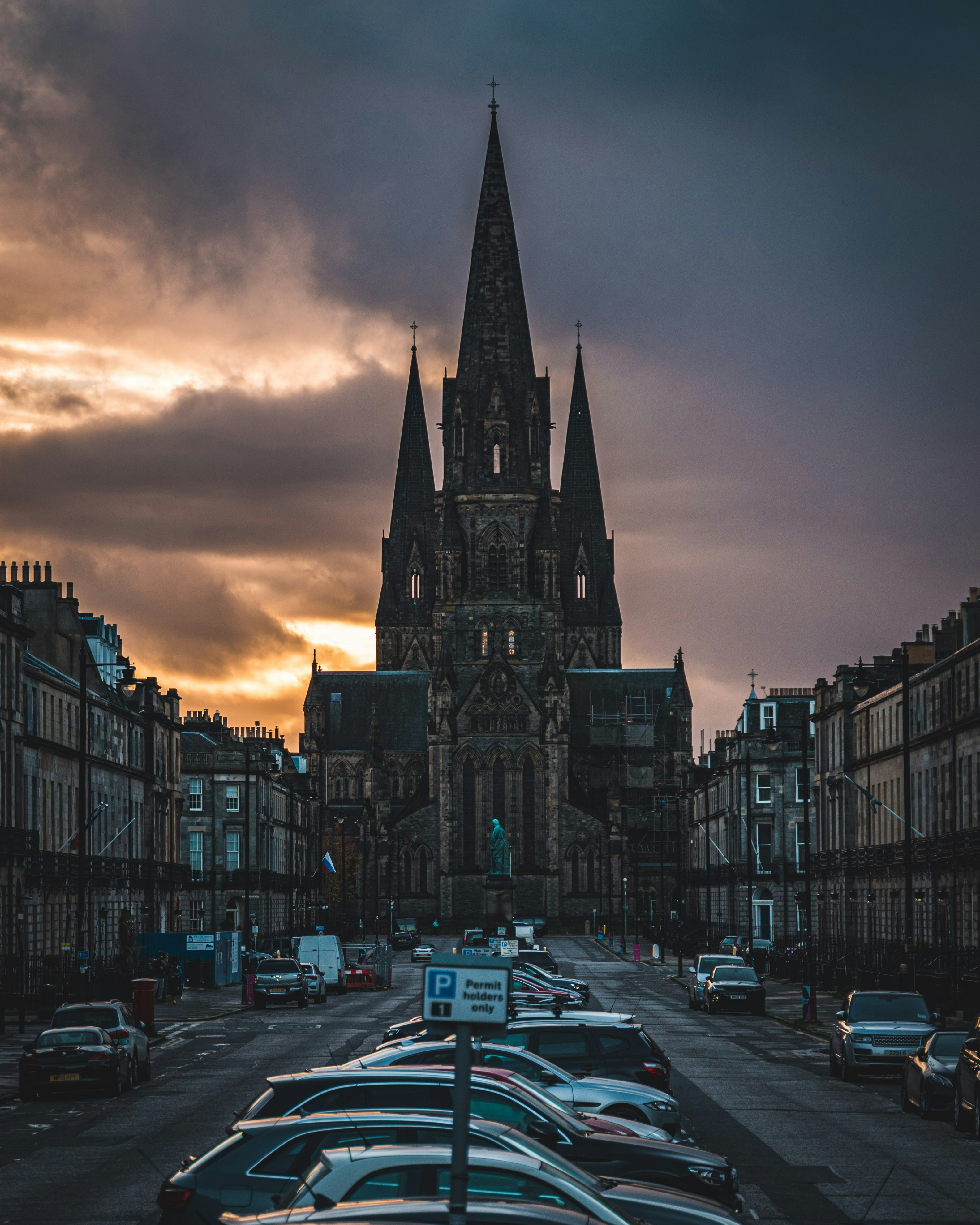 Gothic Spire Sentinel: A City Street Leads the Eye to the Cathedral