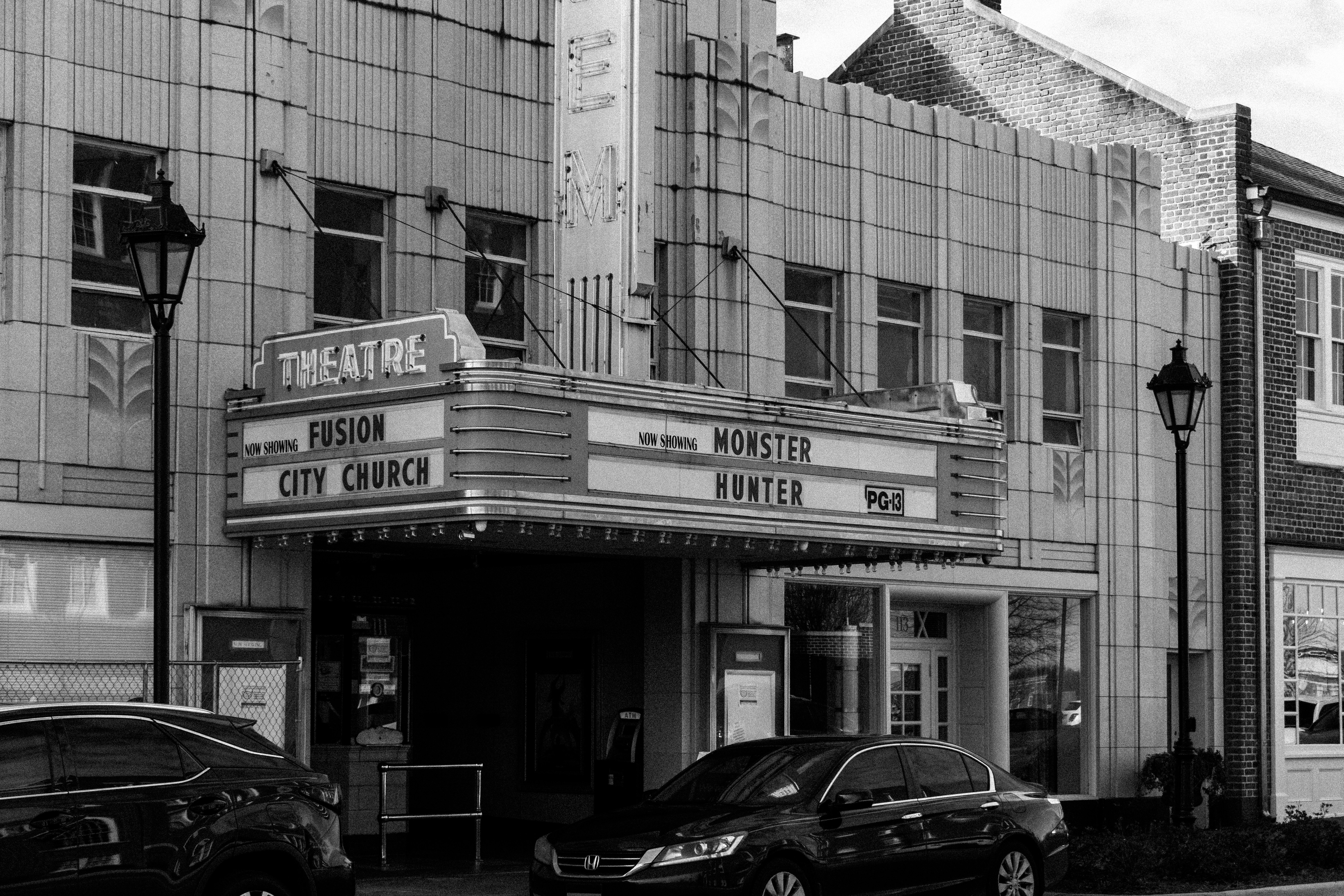 The Gem movie theater in downtown Kannapolis, NC | a black and white photo of a movie theater