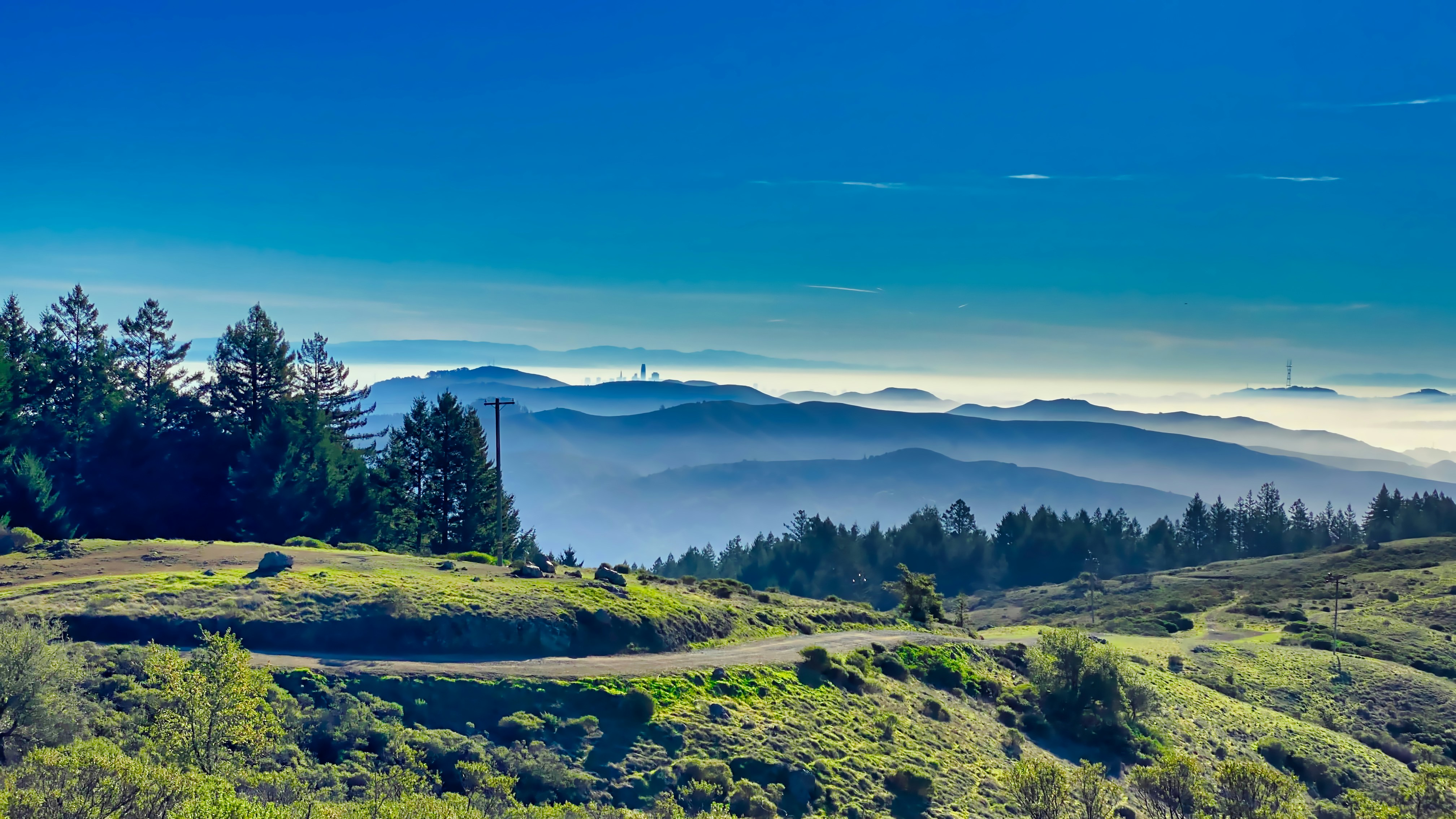 Rolling green hills with scattered trees beneath a vivid blue sky and distant misty mountains.
