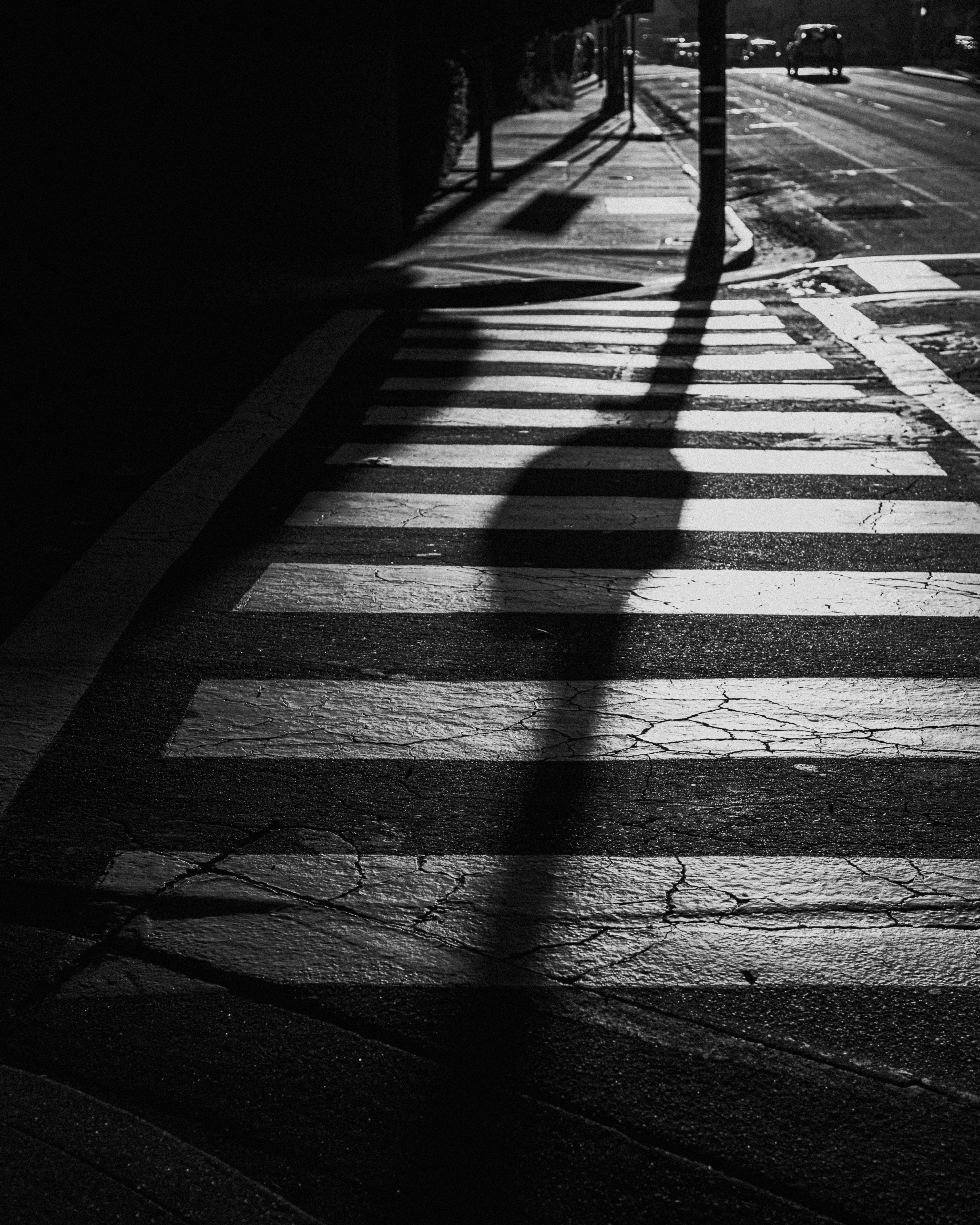 Black and white scene featuring a crosswalk with elongated shadows cast by streetlights and nearby structures.