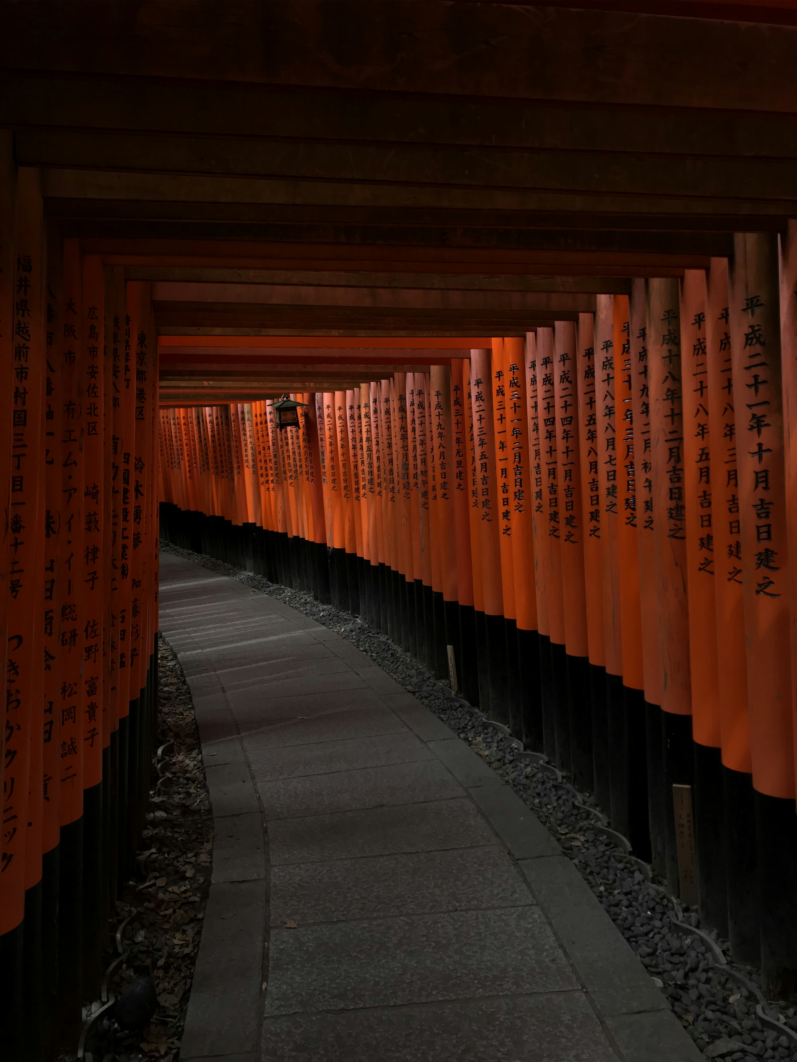 A winding stone path meanders through a vibrant tunnel of orange torii gates adorned with intricate Japanese characters.