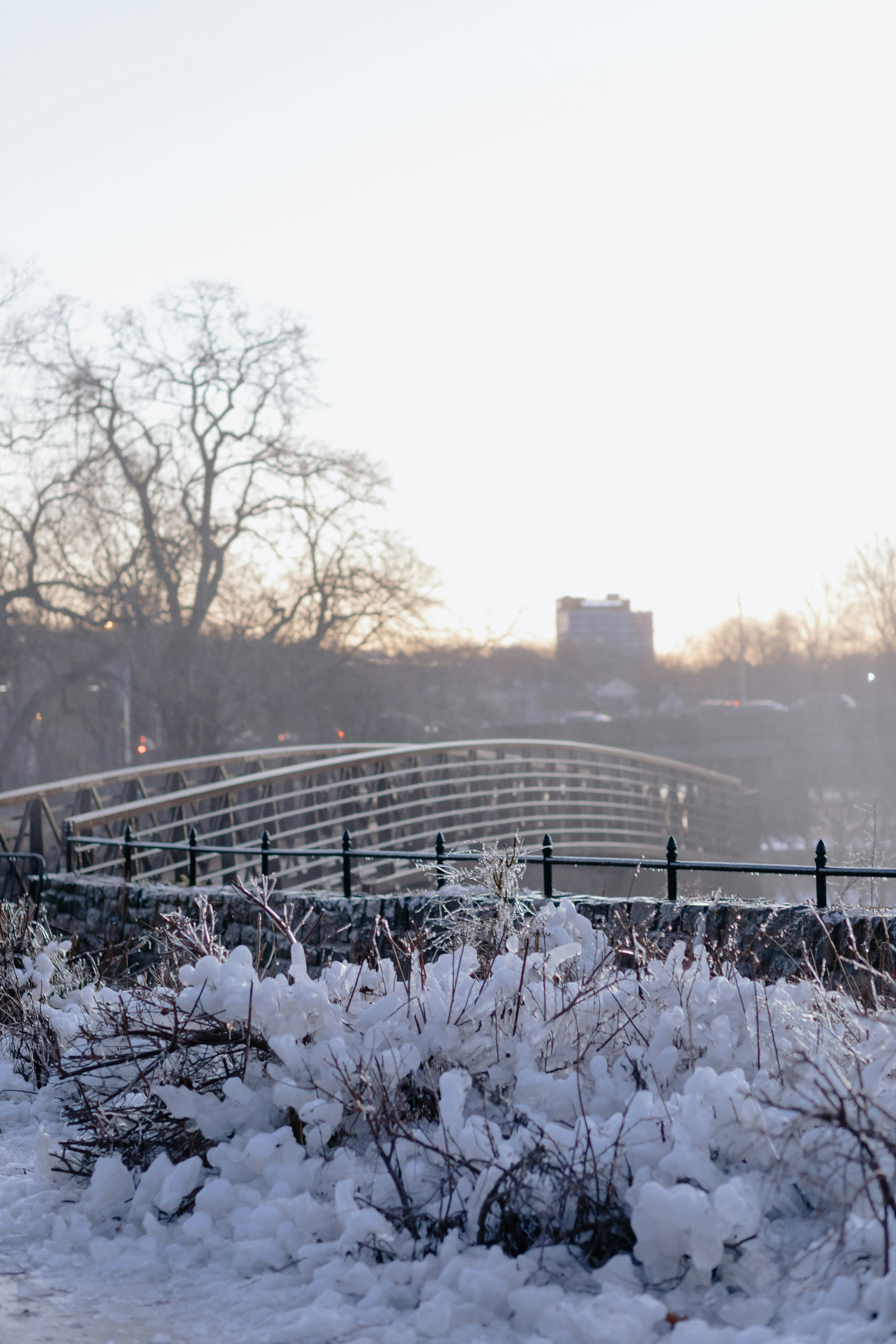 Dawn on the Snow-Kissed Riverside Bridge