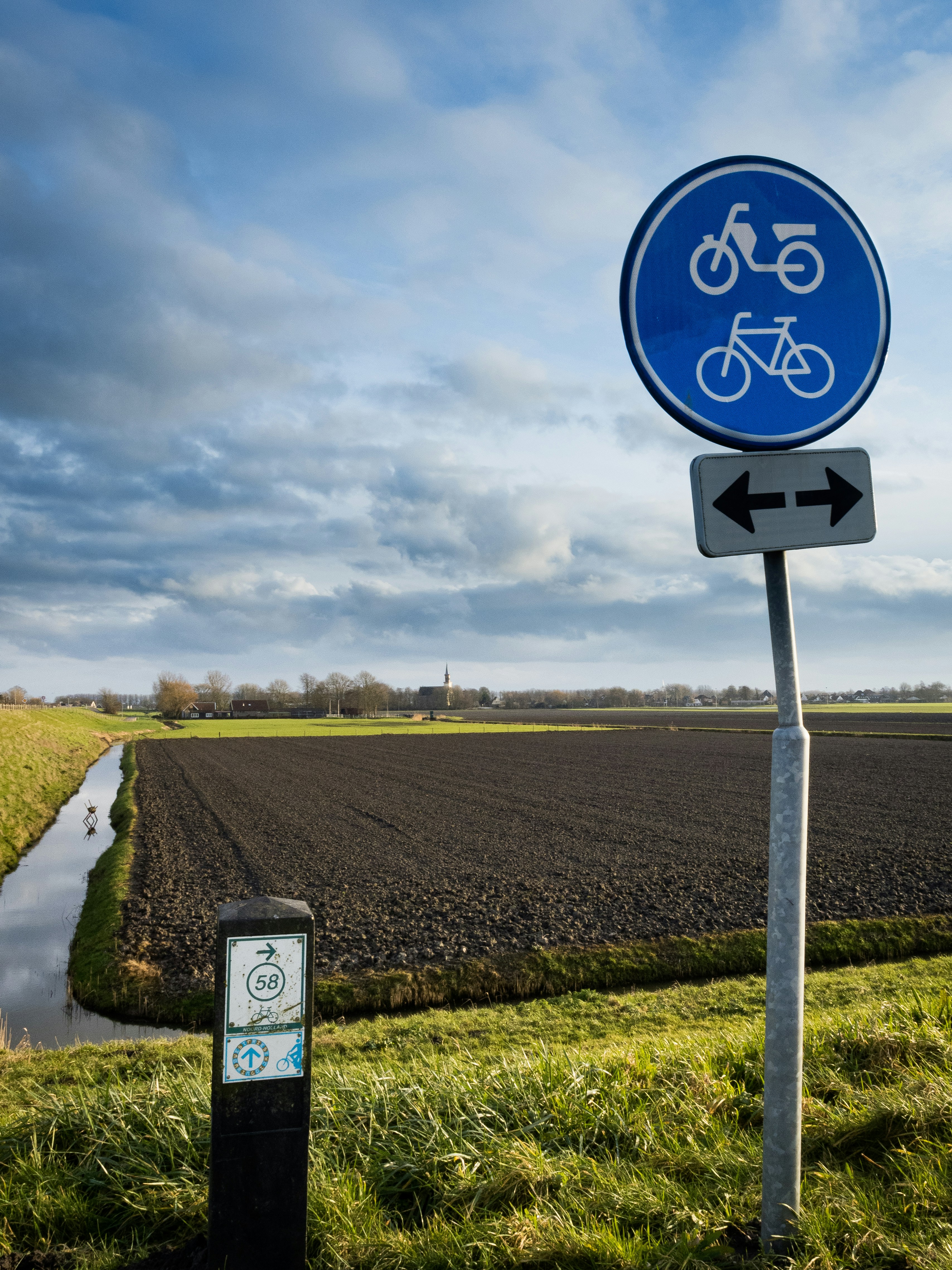 Typical Dutch bike-zone sign with a beautiful Dutch landscape.
