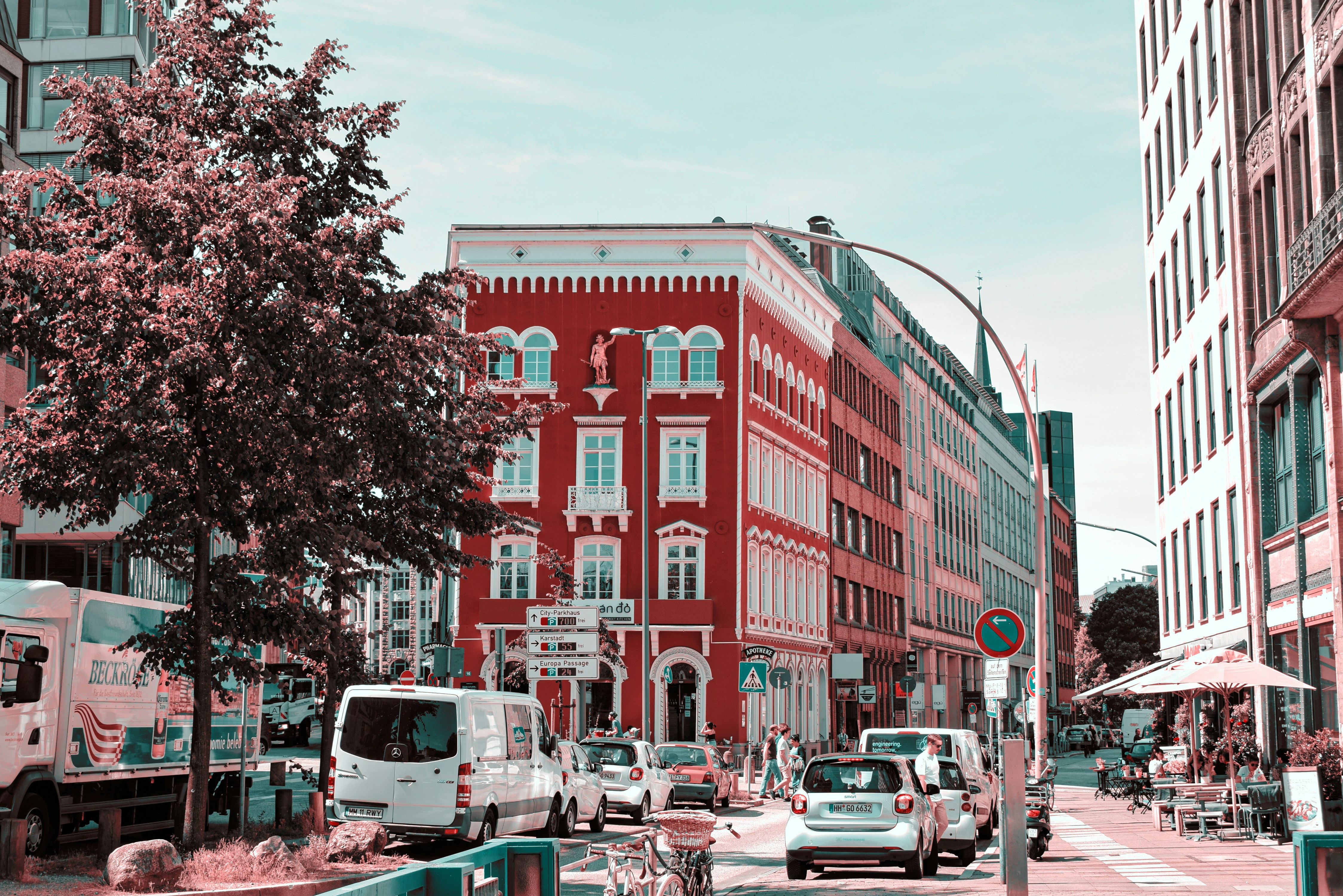 City Street in Bloom: Red Brick Facades and Light Traffic