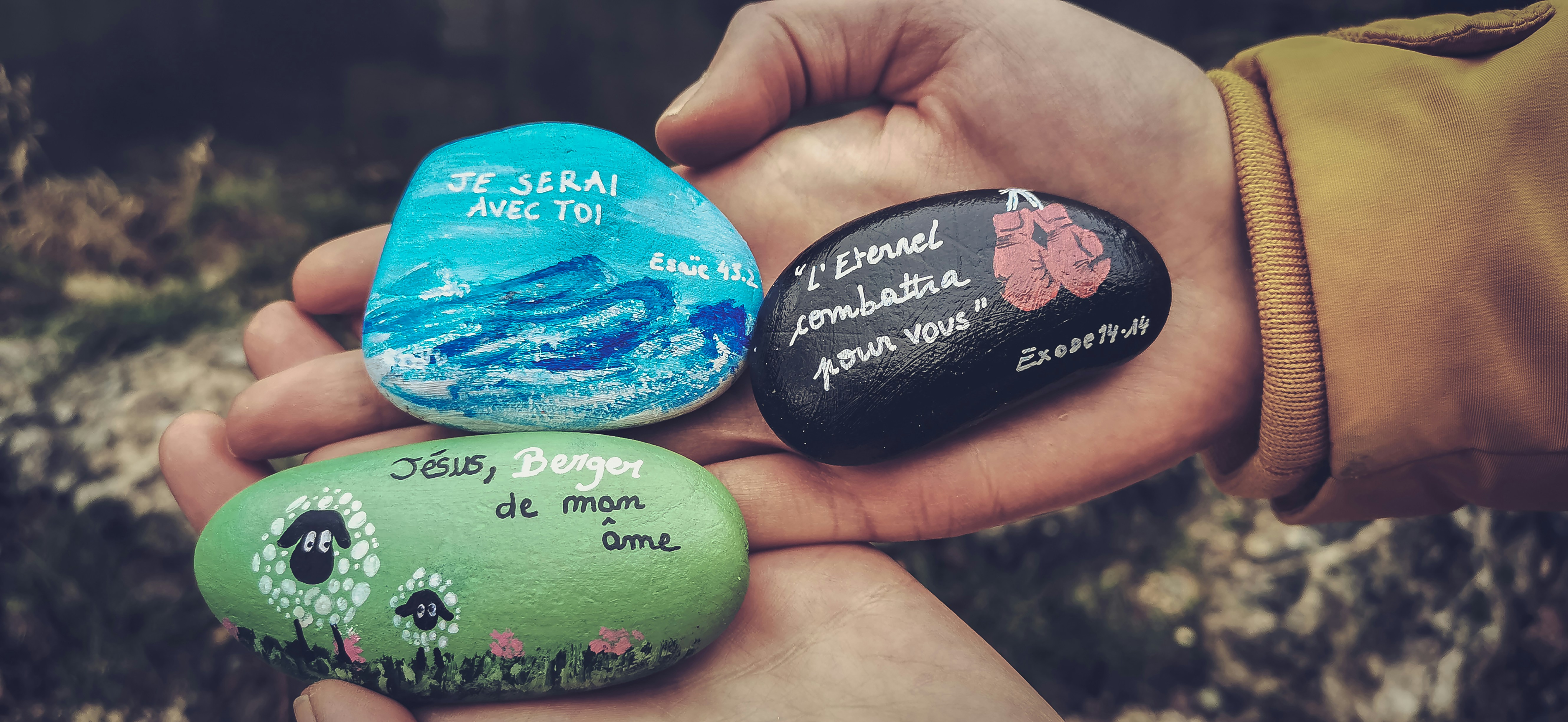 Three hand-painted stones with inspirational messages held in hands, showcasing artistic expression and personal connection.