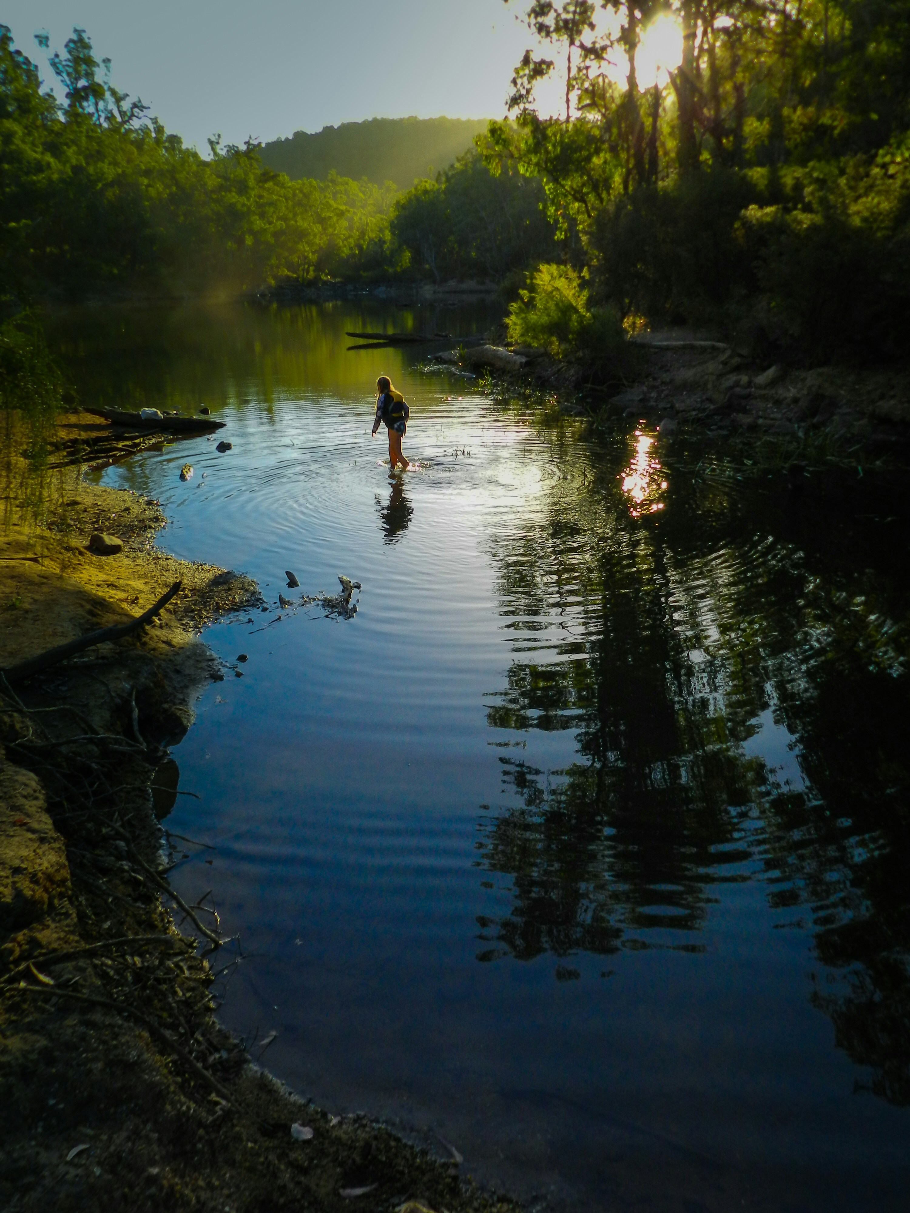 Solo figure stands in a sunlit river, framed by lush trees with reflections dancing on the water.