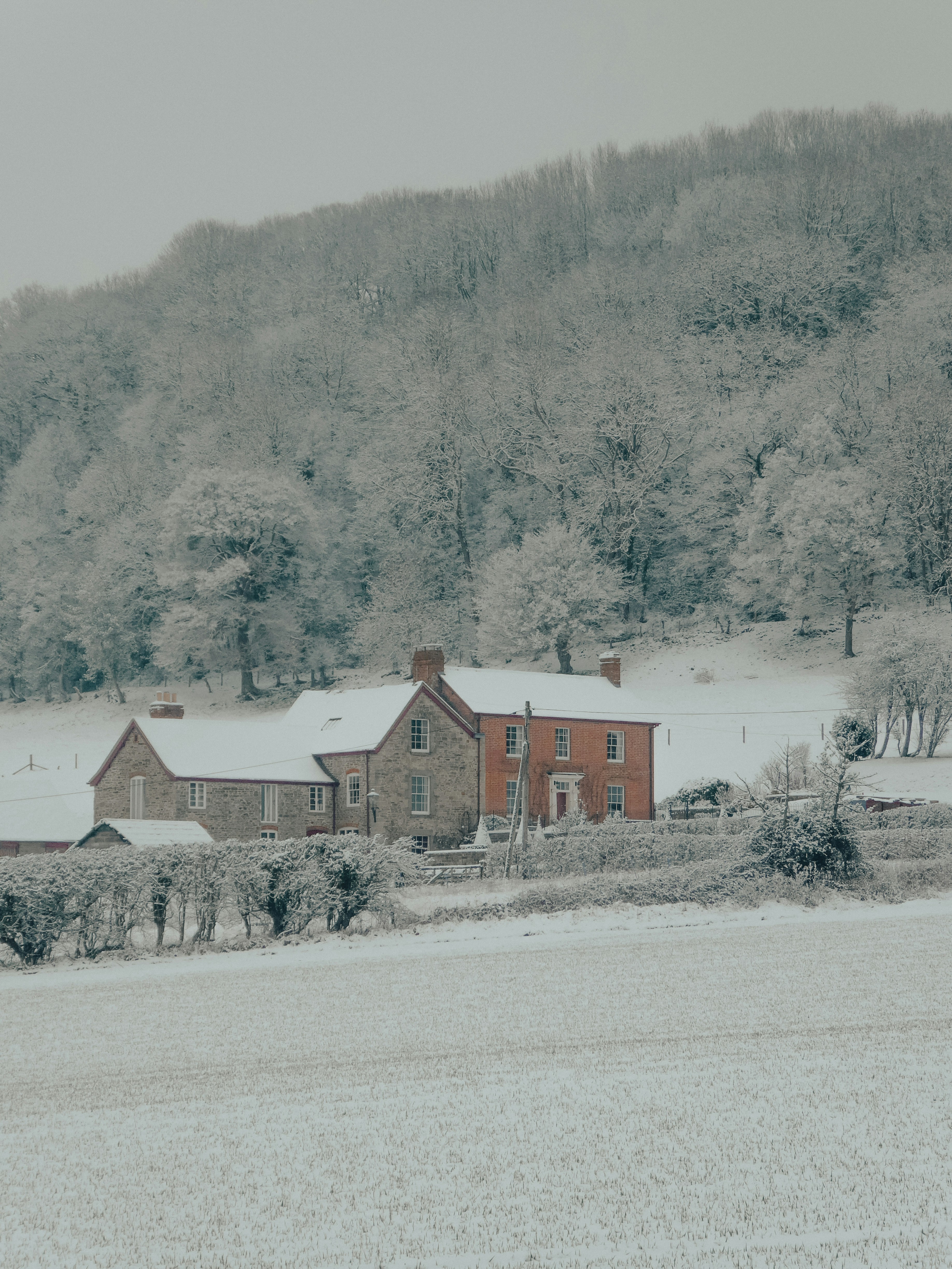 A rustic farmhouse nestled in a snowy landscape, surrounded by frosted trees and a serene atmosphere. The scene captures the quiet beauty of winter.