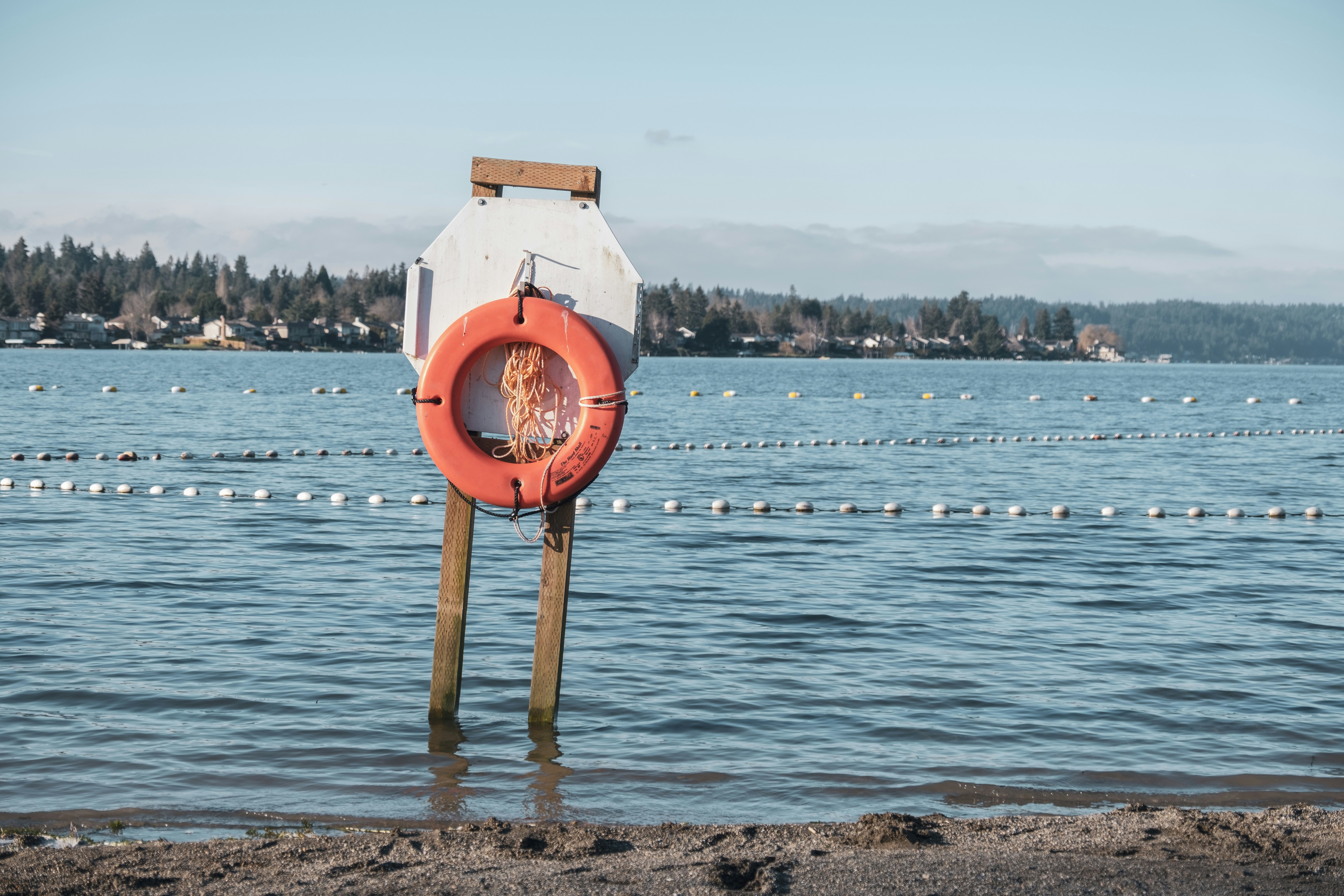 Lifesaver buoy mounted on a wooden post in calm water, with a serene shoreline and distant trees in the background.
