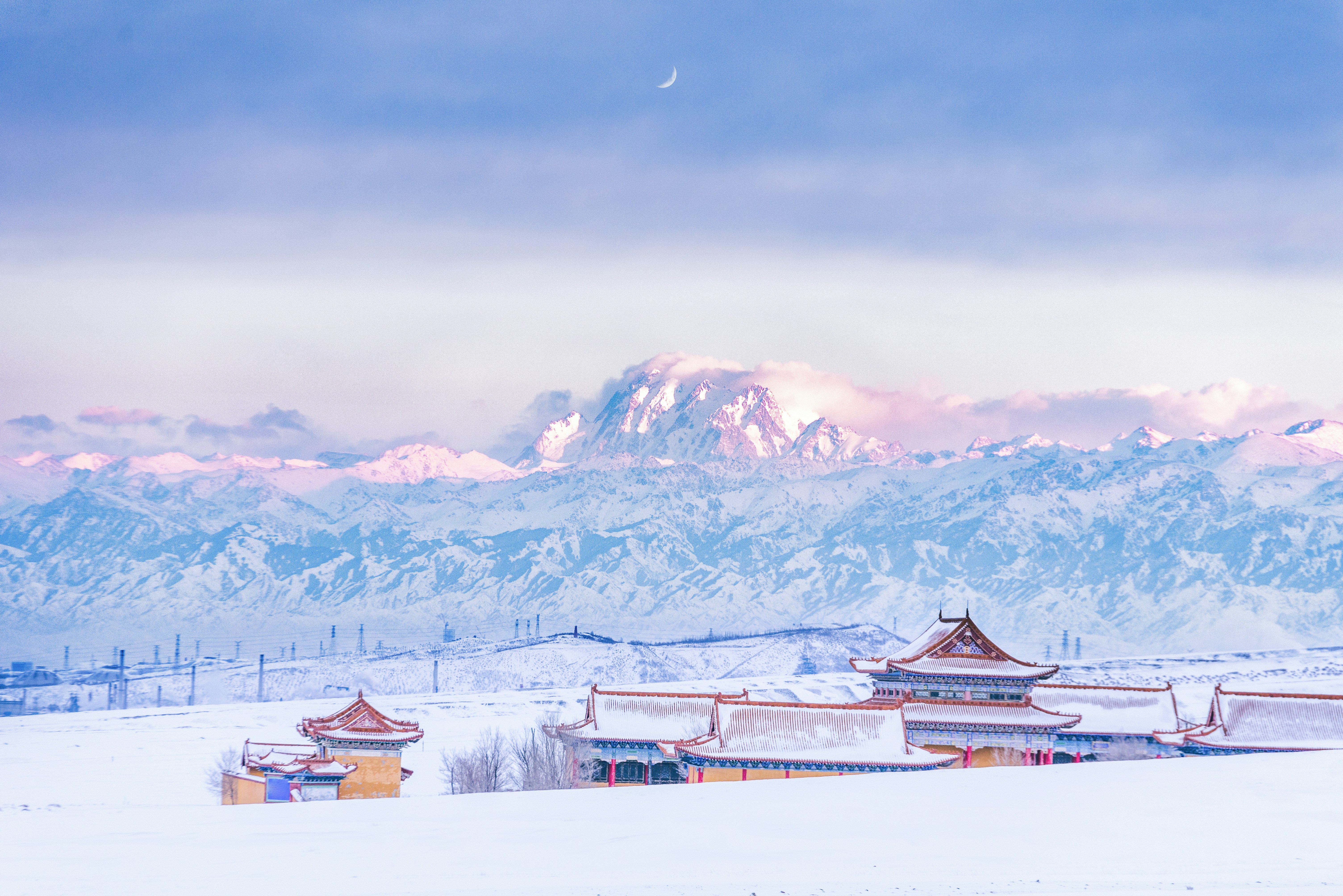 Snowbound Monastery Seascape: Golden Peaks Behind Quiet Courtyard