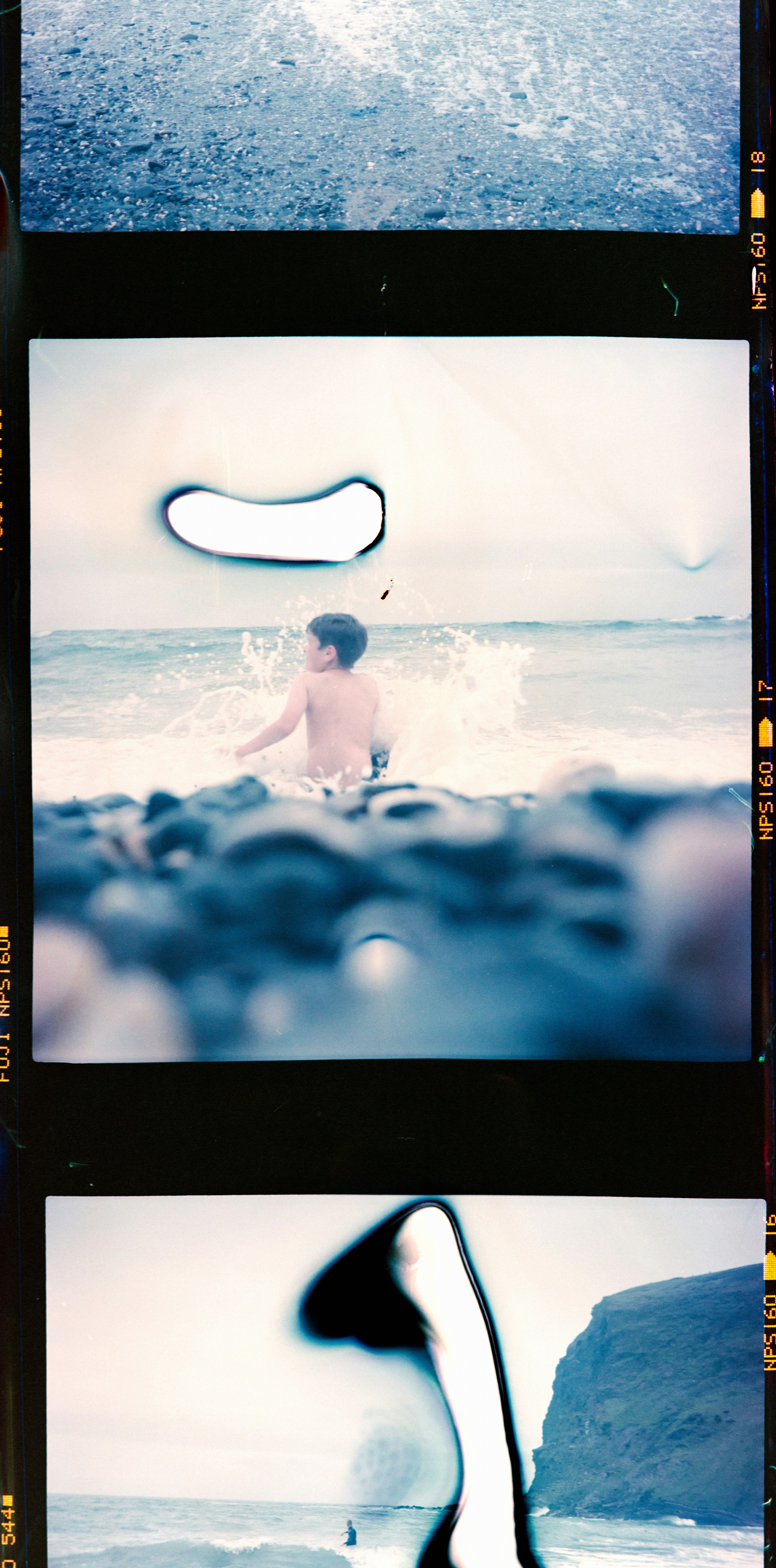 Blue Triptych: A Boy at the Shore Through Vintage Light Leaks