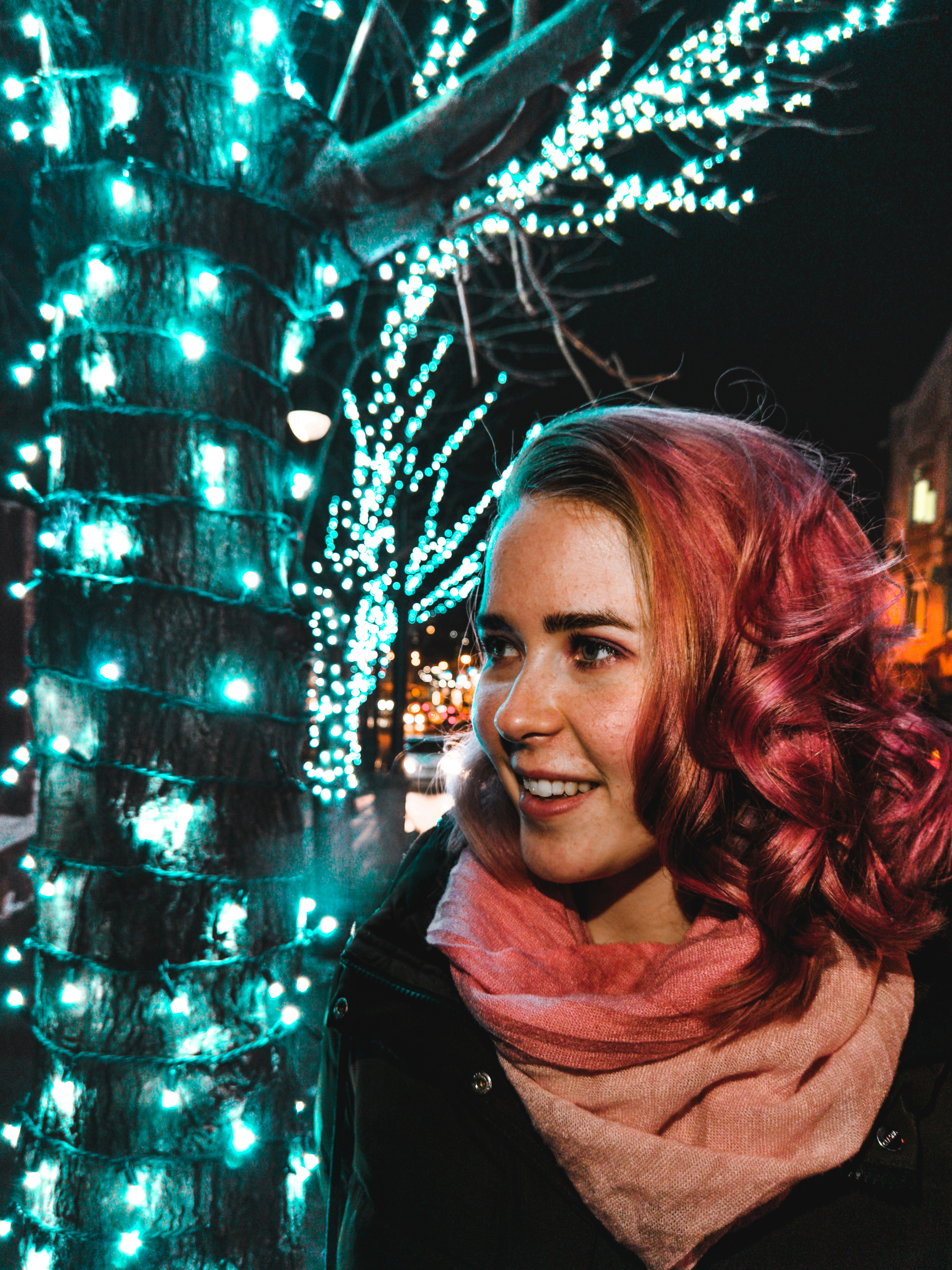 Neon Teal Portrait: Pink Hair Under City Lights