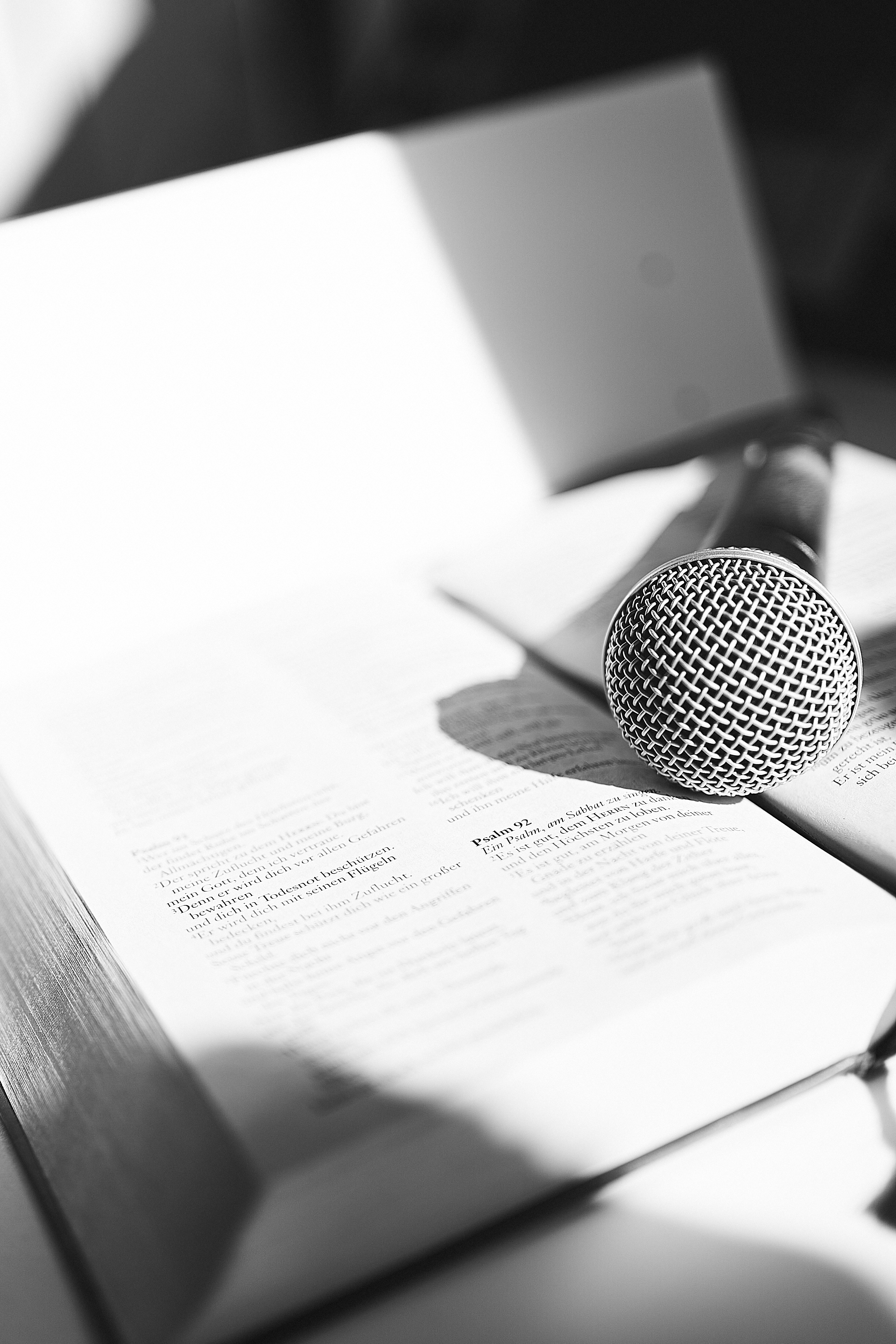 Microphone on an Open Book: A Quiet Moment in Black and White