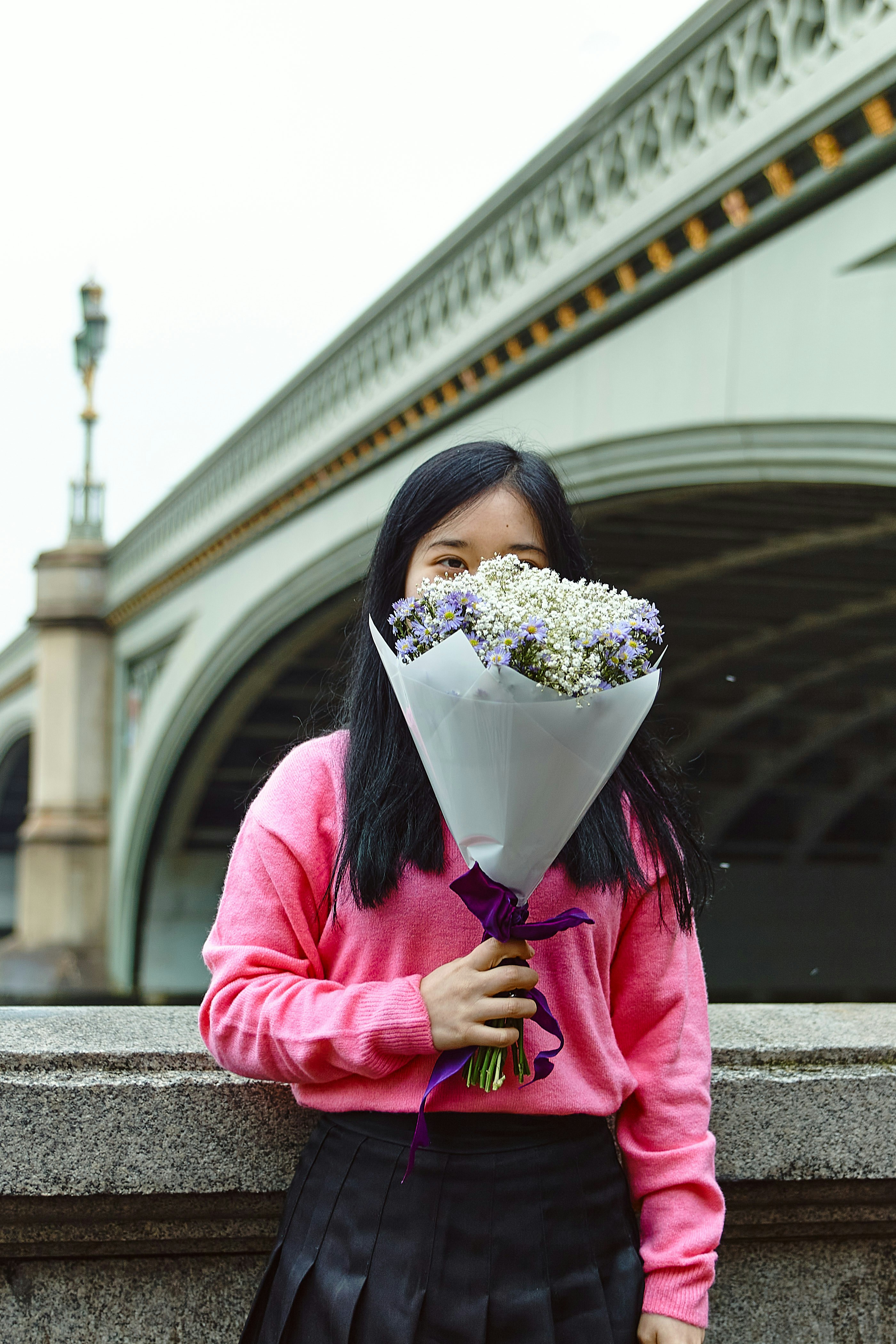 Bouquet Under the Green Arch: Portrait by the River Bridge