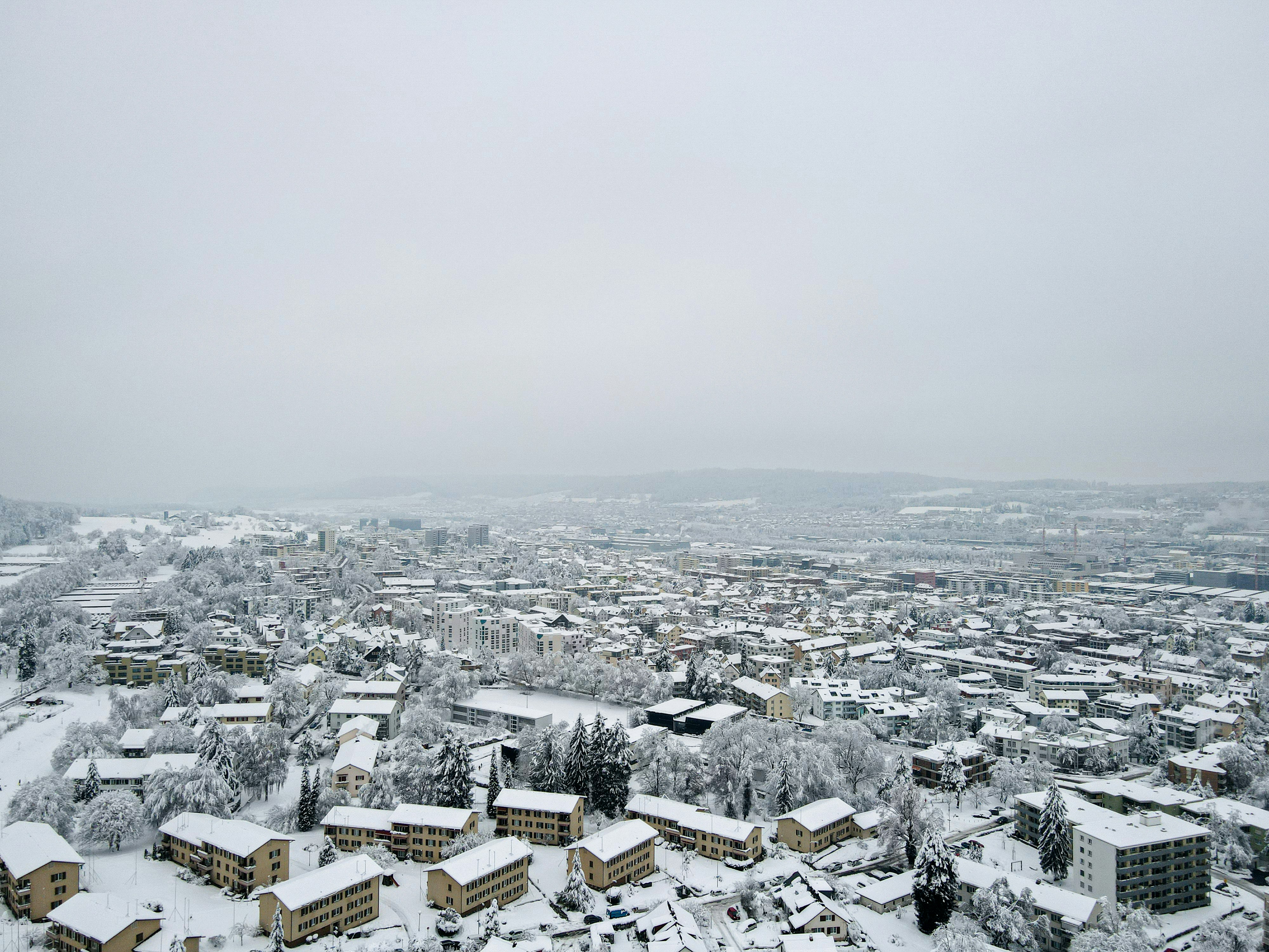 Snow-covered rooftops blanket a quiet town, showcasing a serene winter landscape with muted tones. The vast expanse captures the stillness of the season.