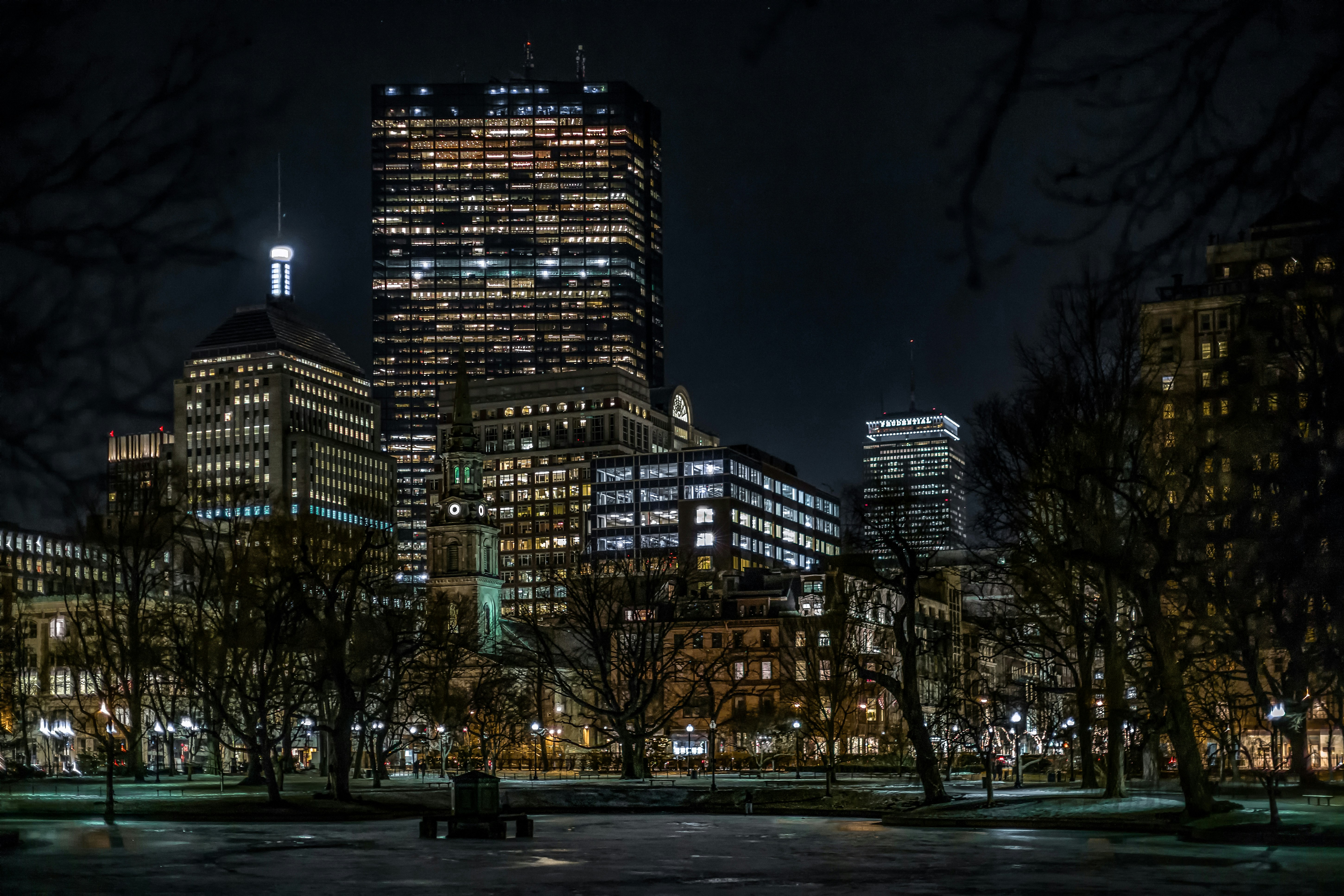 Night photograph of a downtown skyline viewed from a park with bare trees in the foreground. Warm office lights shimmer through the glass and stone façades against the night sky.