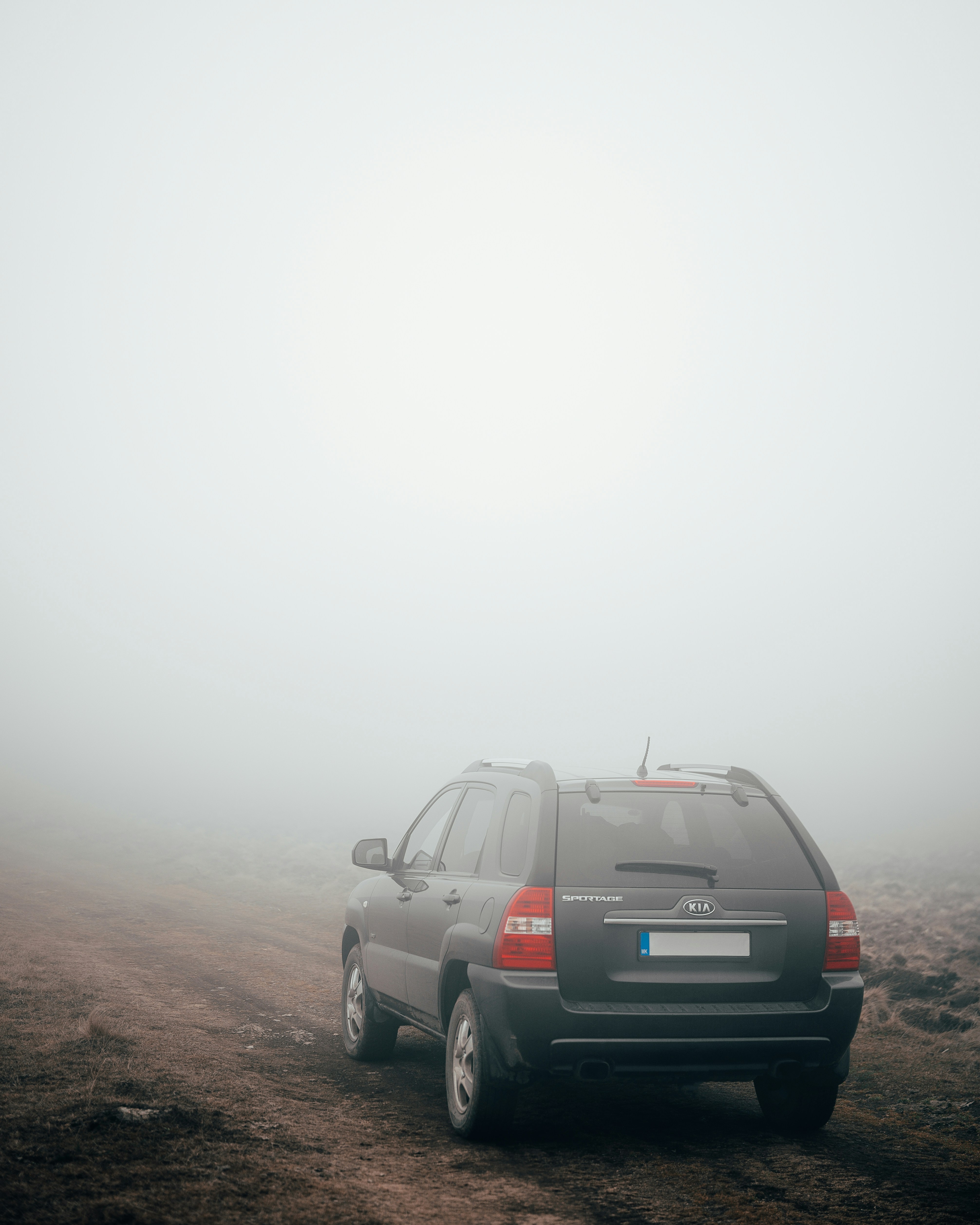 Fogbound Highway: A Kia SUV Surrounded by Quiet Mist