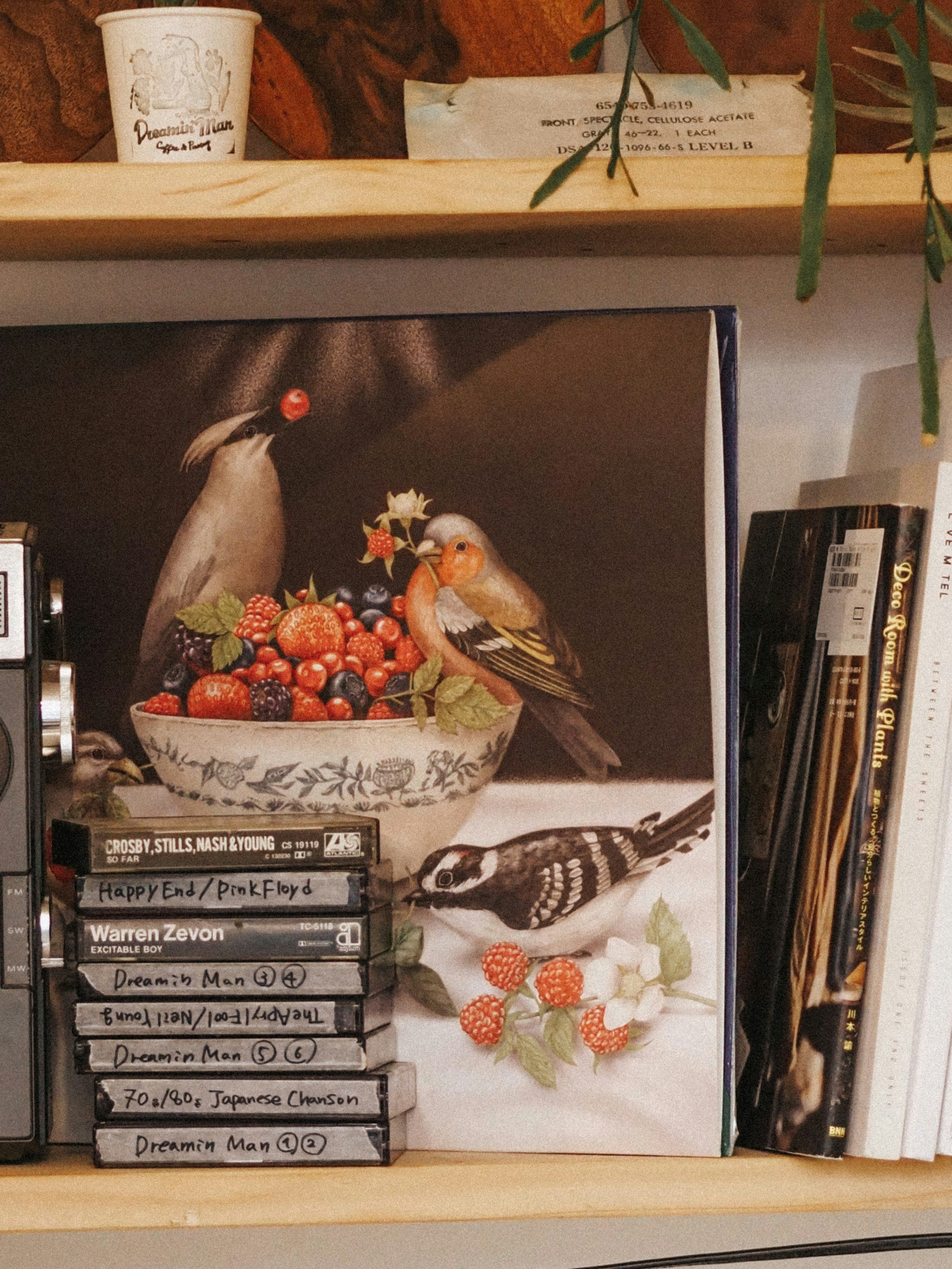 A detailed illustration featuring birds and a bowl of colorful fruits, set against a backdrop of vintage items and cassette tapes. The composition evokes a sense of nostalgia and tranquility.